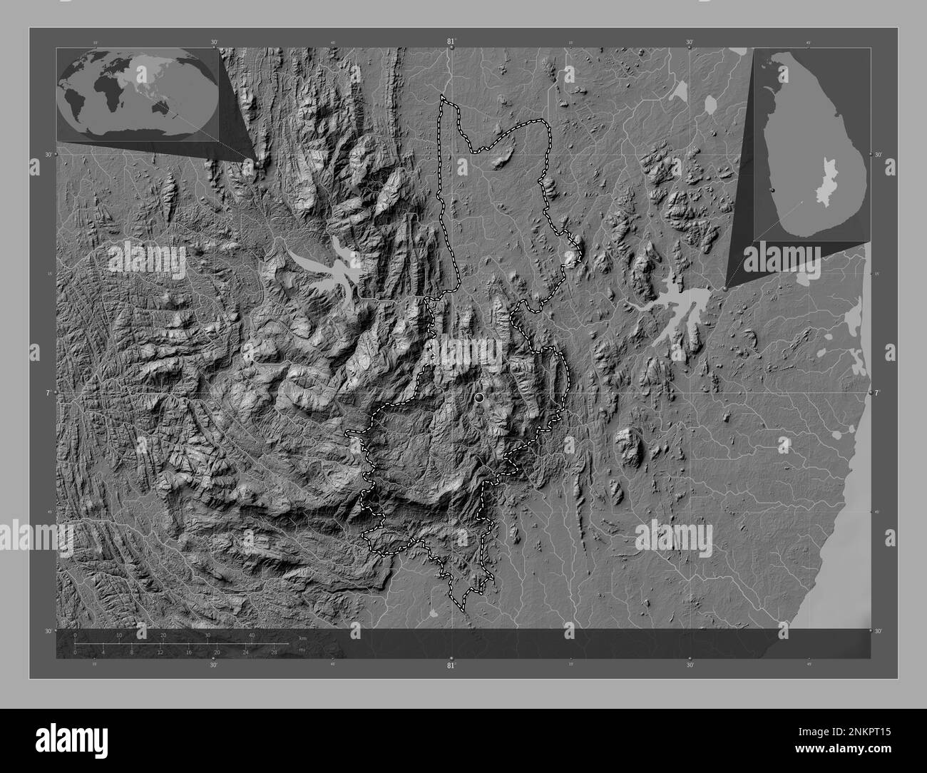 Badulla, district of Sri Lanka. Bilevel elevation map with lakes and ...