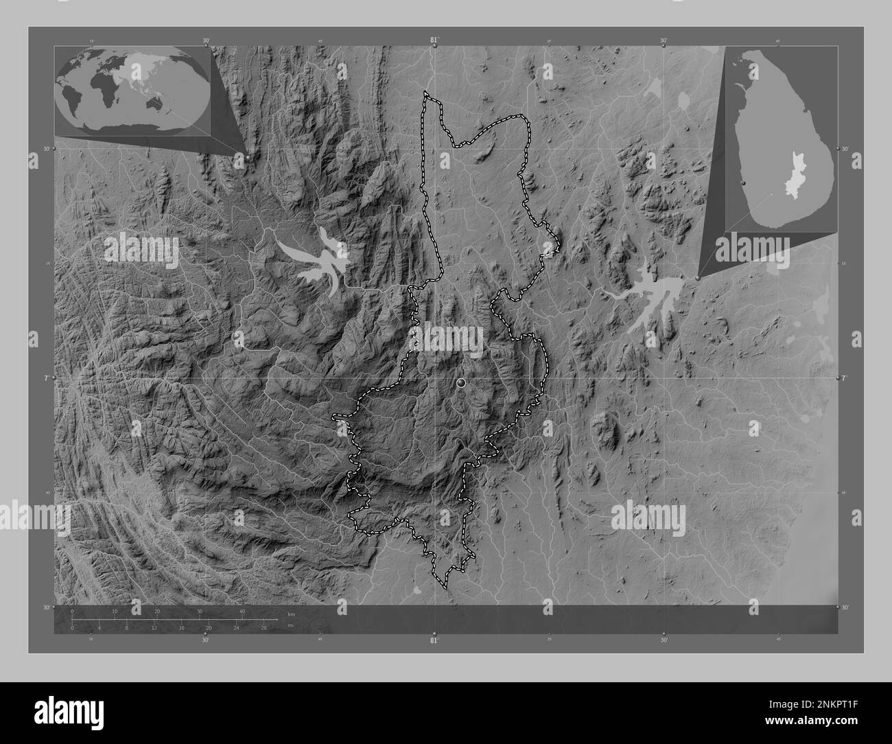 Badulla, district of Sri Lanka. Grayscale elevation map with lakes and ...