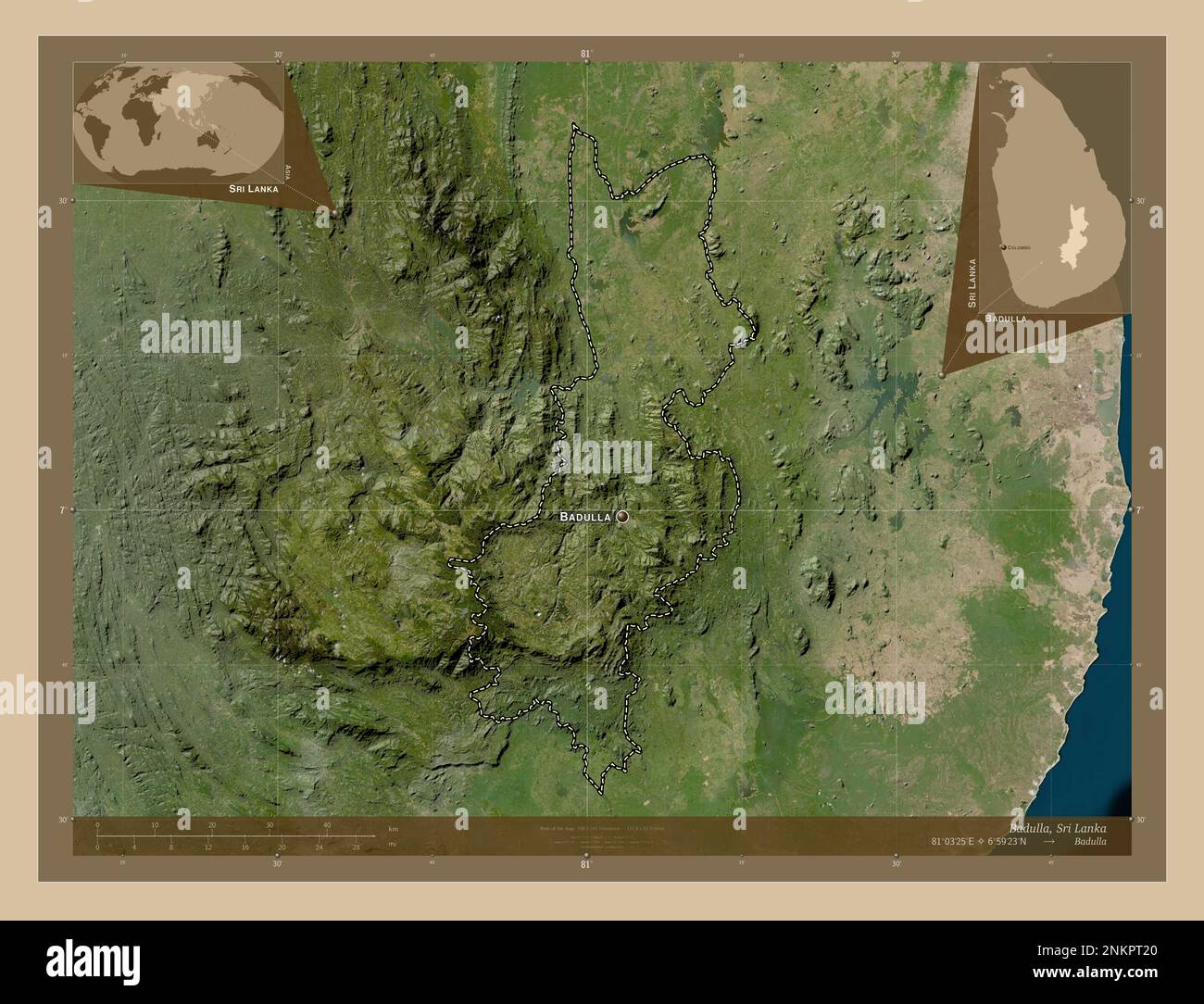 Badulla, district of Sri Lanka. Low resolution satellite map. Locations ...