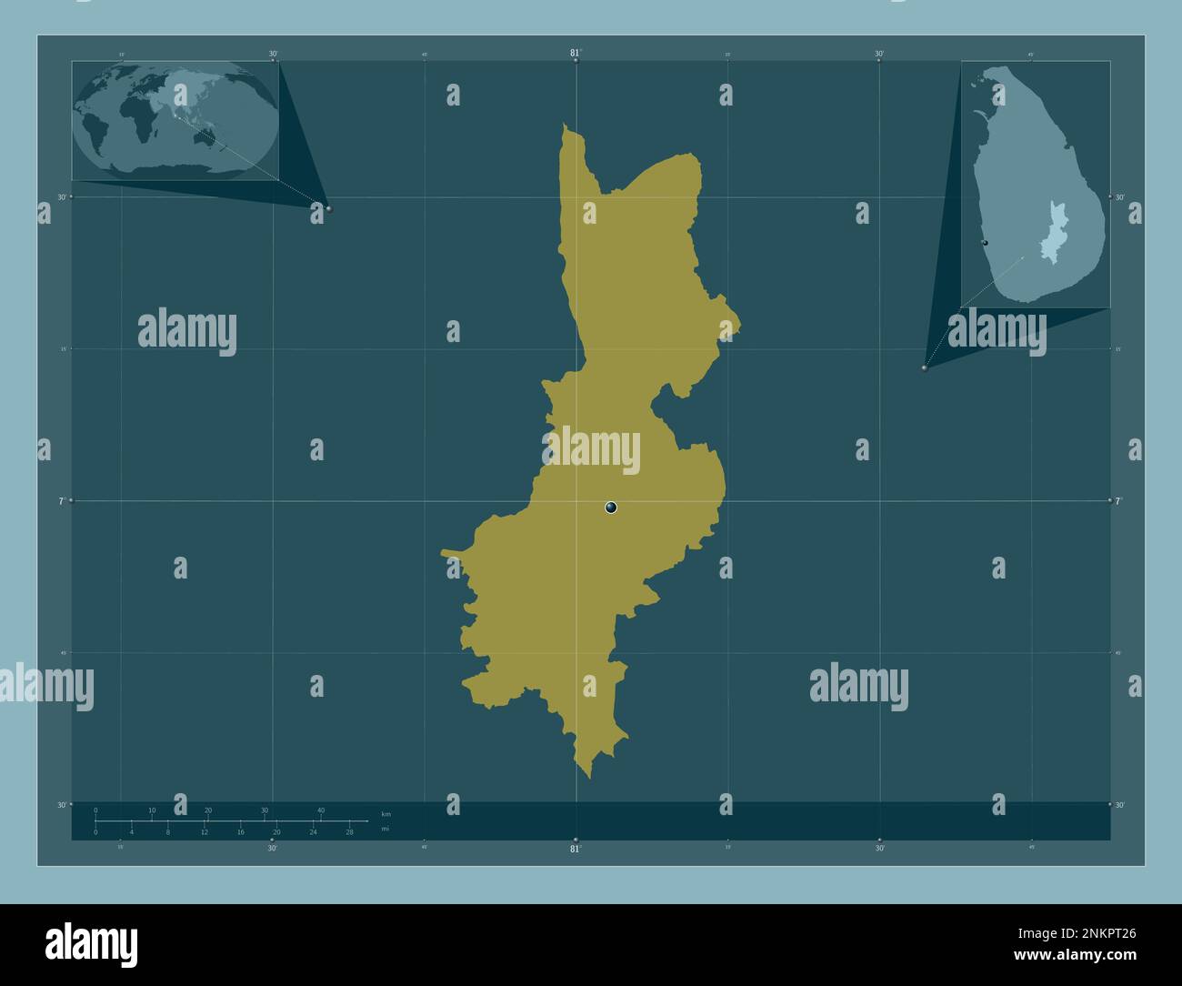 Badulla, district of Sri Lanka. Solid color shape. Locations of major ...