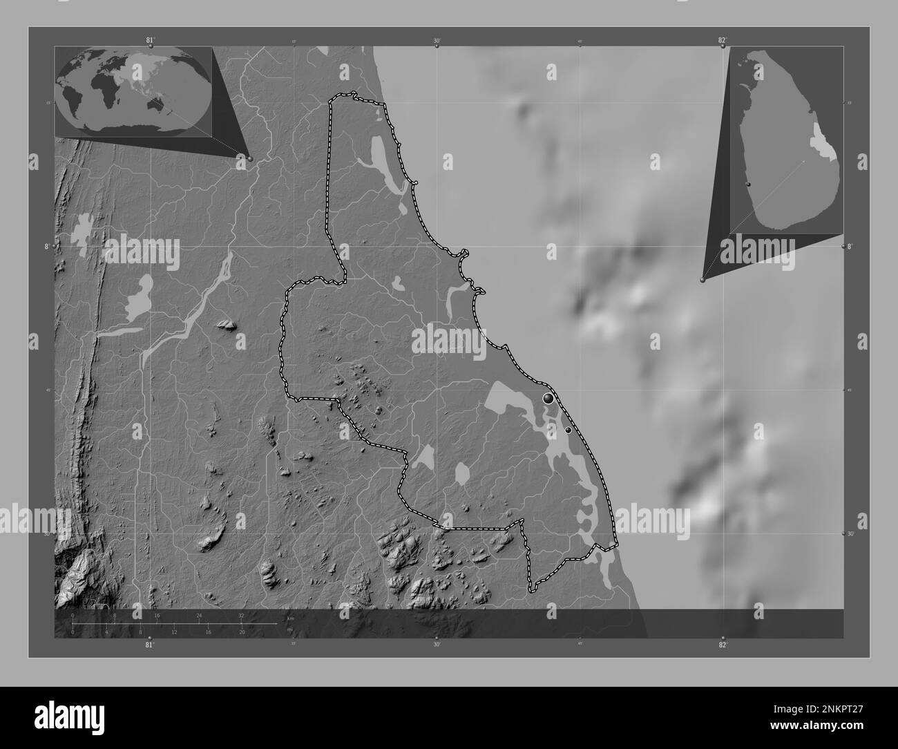 Batticaloa, district of Sri Lanka. Bilevel elevation map with lakes and ...