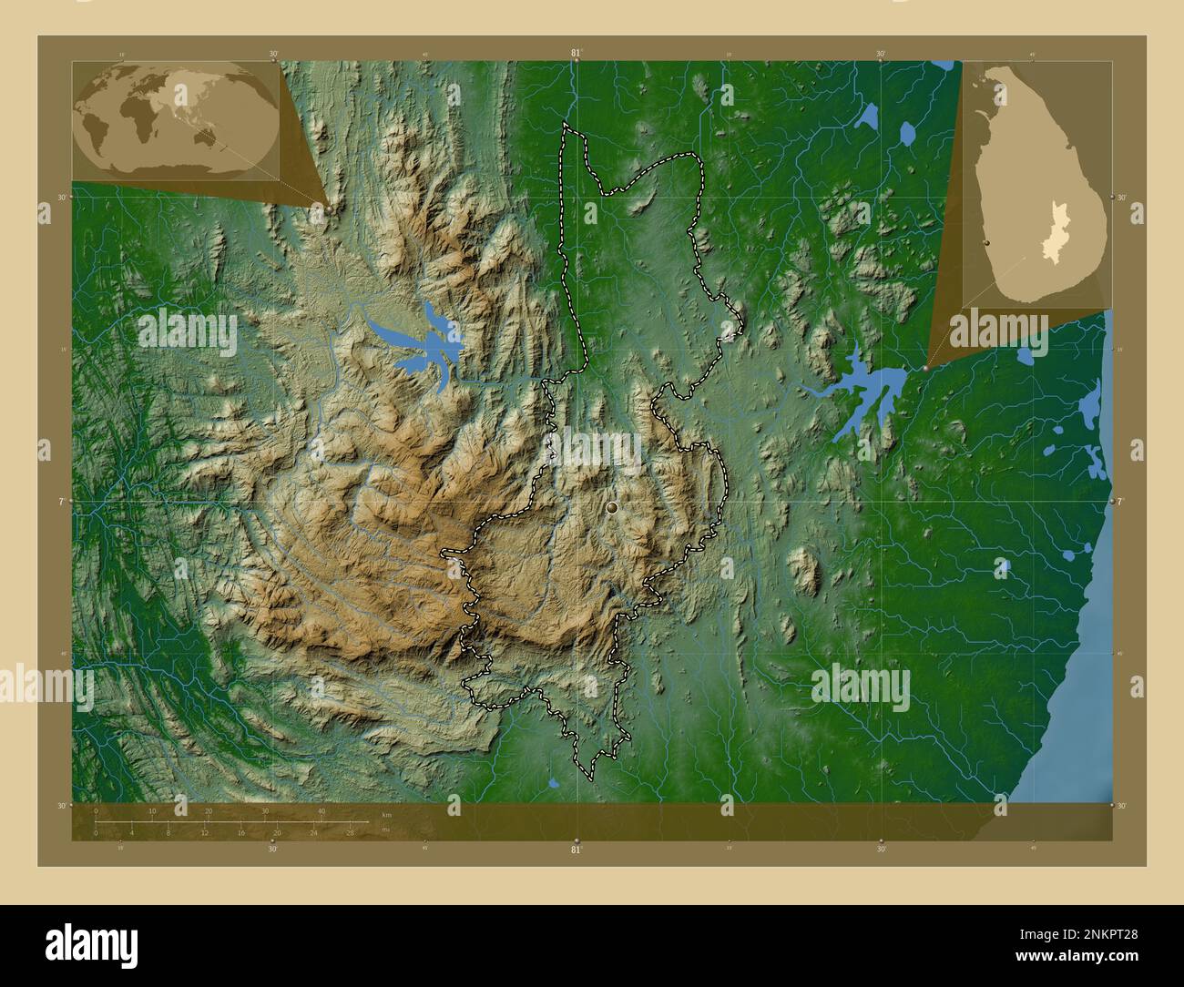 Badulla, district of Sri Lanka. Colored elevation map with lakes and ...