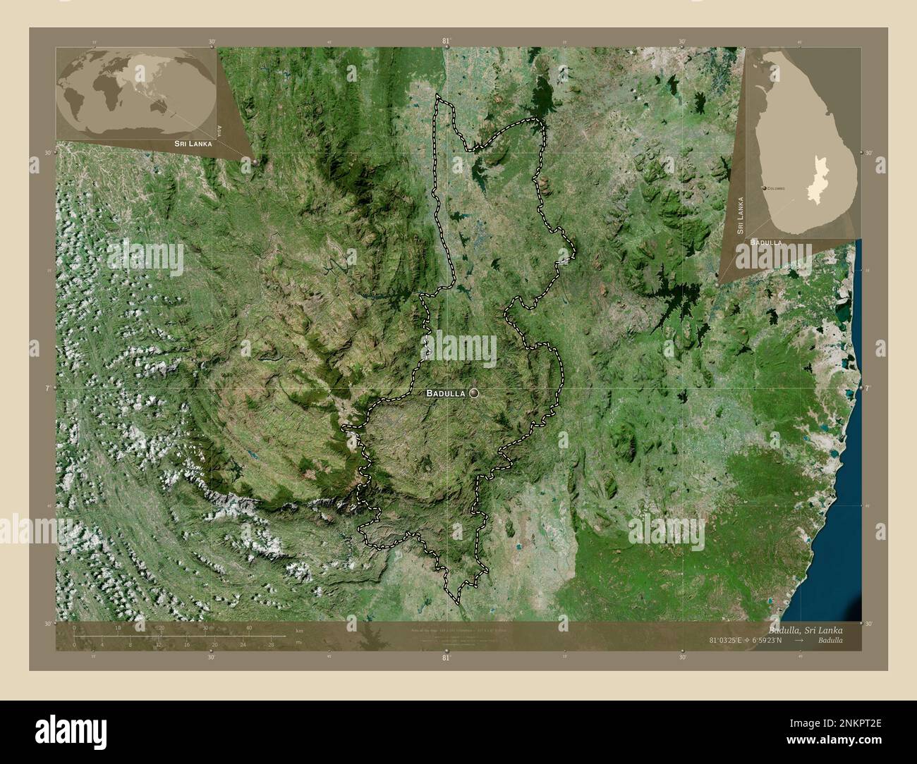 Badulla, district of Sri Lanka. High resolution satellite map ...