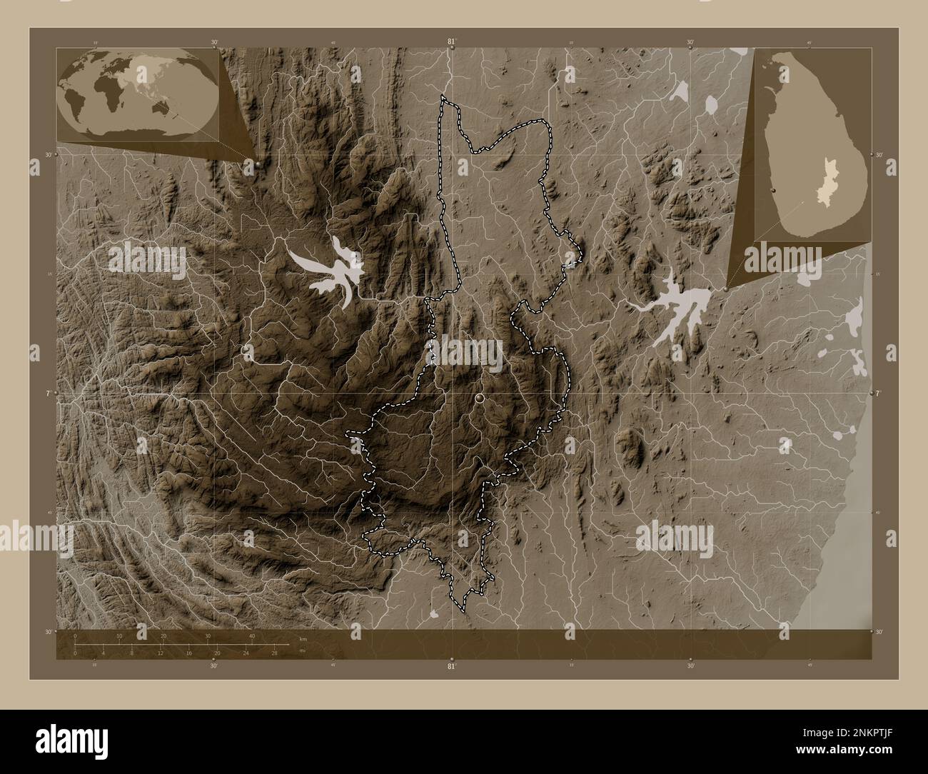 Badulla, district of Sri Lanka. Elevation map colored in sepia tones ...