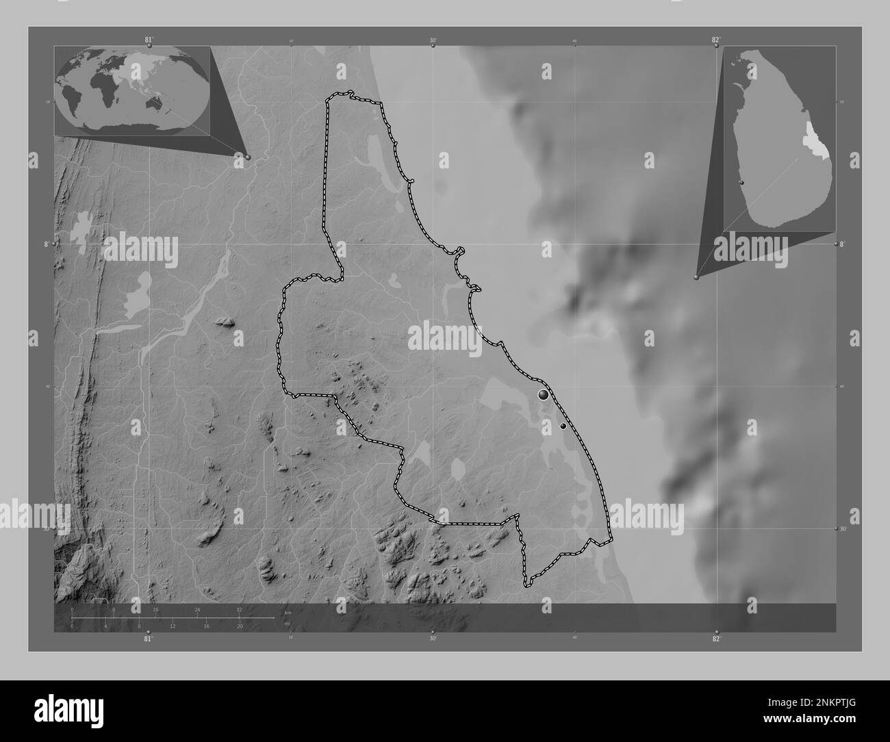 Batticaloa, district of Sri Lanka. Grayscale elevation map with lakes ...