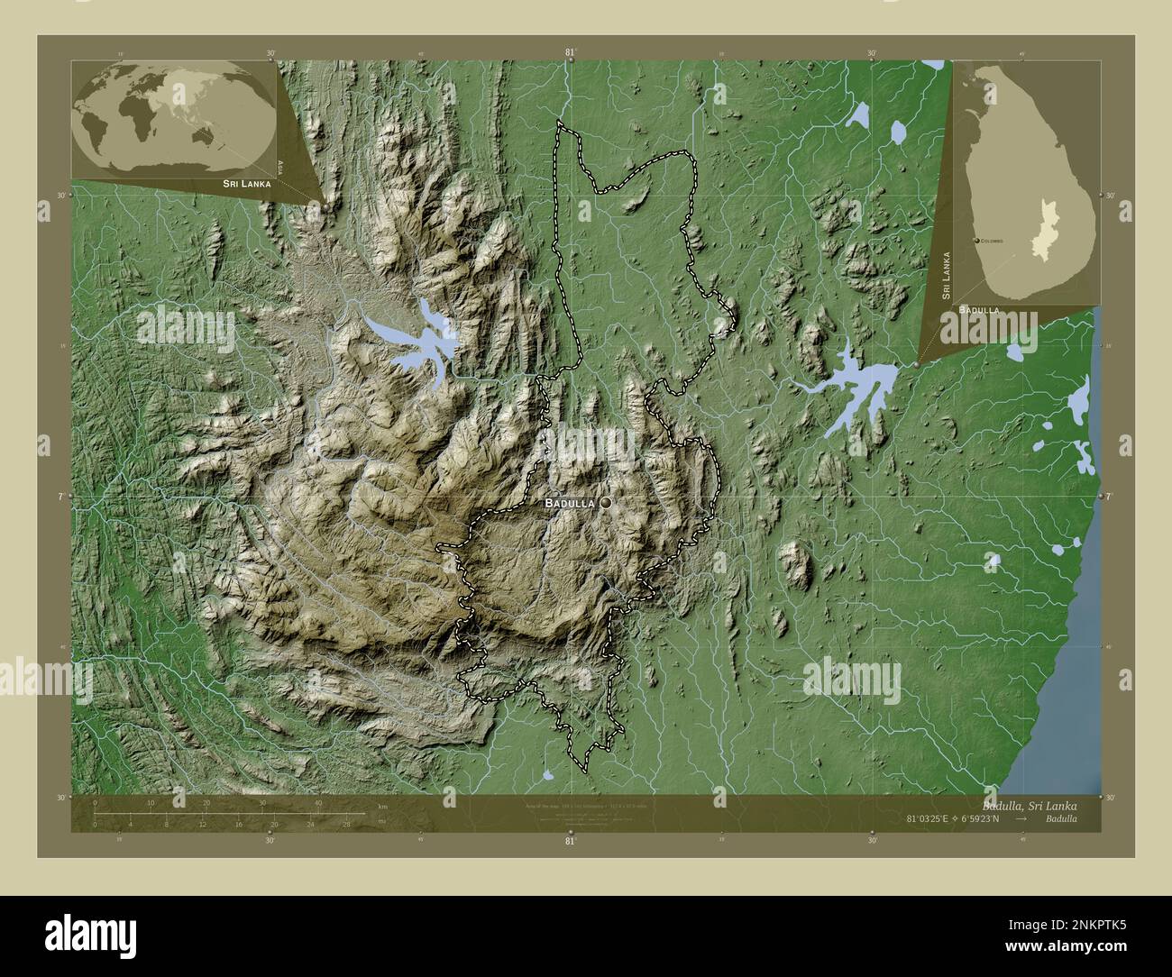 Badulla, district of Sri Lanka. Elevation map colored in wiki style ...