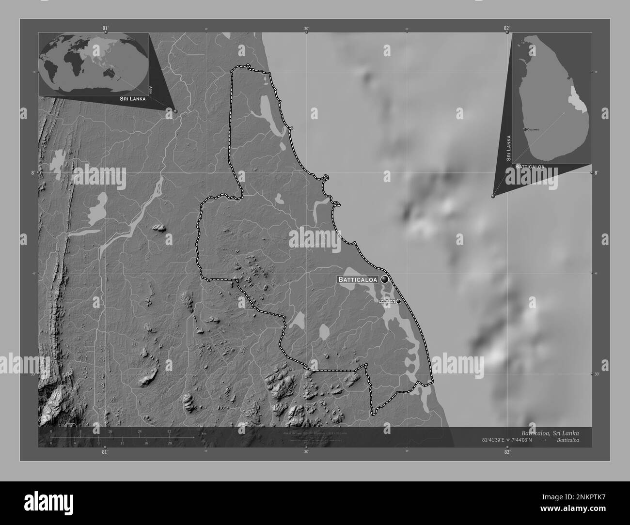 Batticaloa, district of Sri Lanka. Bilevel elevation map with lakes and ...
