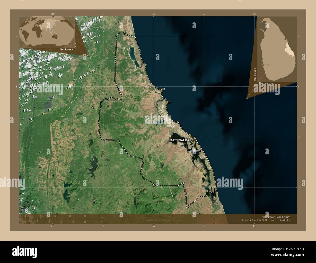 Batticaloa, district of Sri Lanka. Low resolution satellite map ...