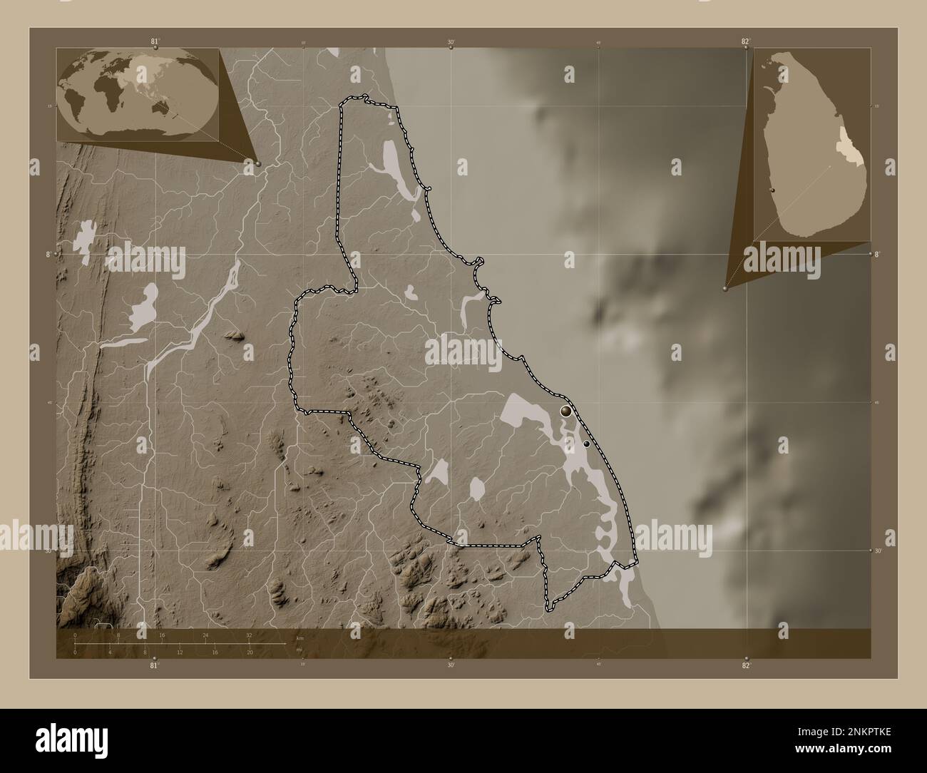 Batticaloa, district of Sri Lanka. Elevation map colored in sepia tones ...
