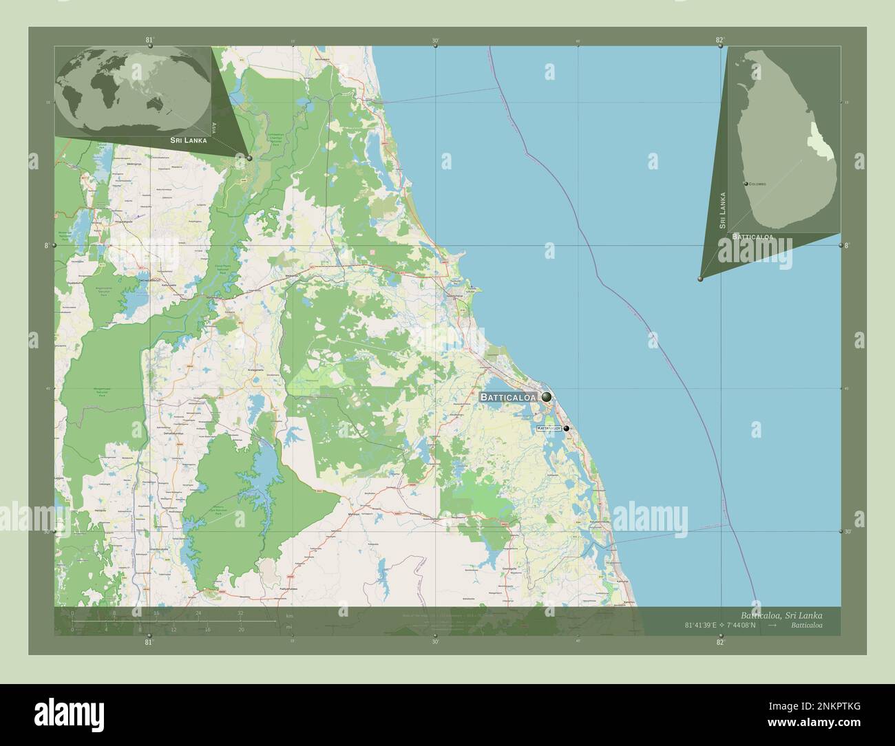 Batticaloa, district of Sri Lanka. Open Street Map. Locations and names of major cities of the ...