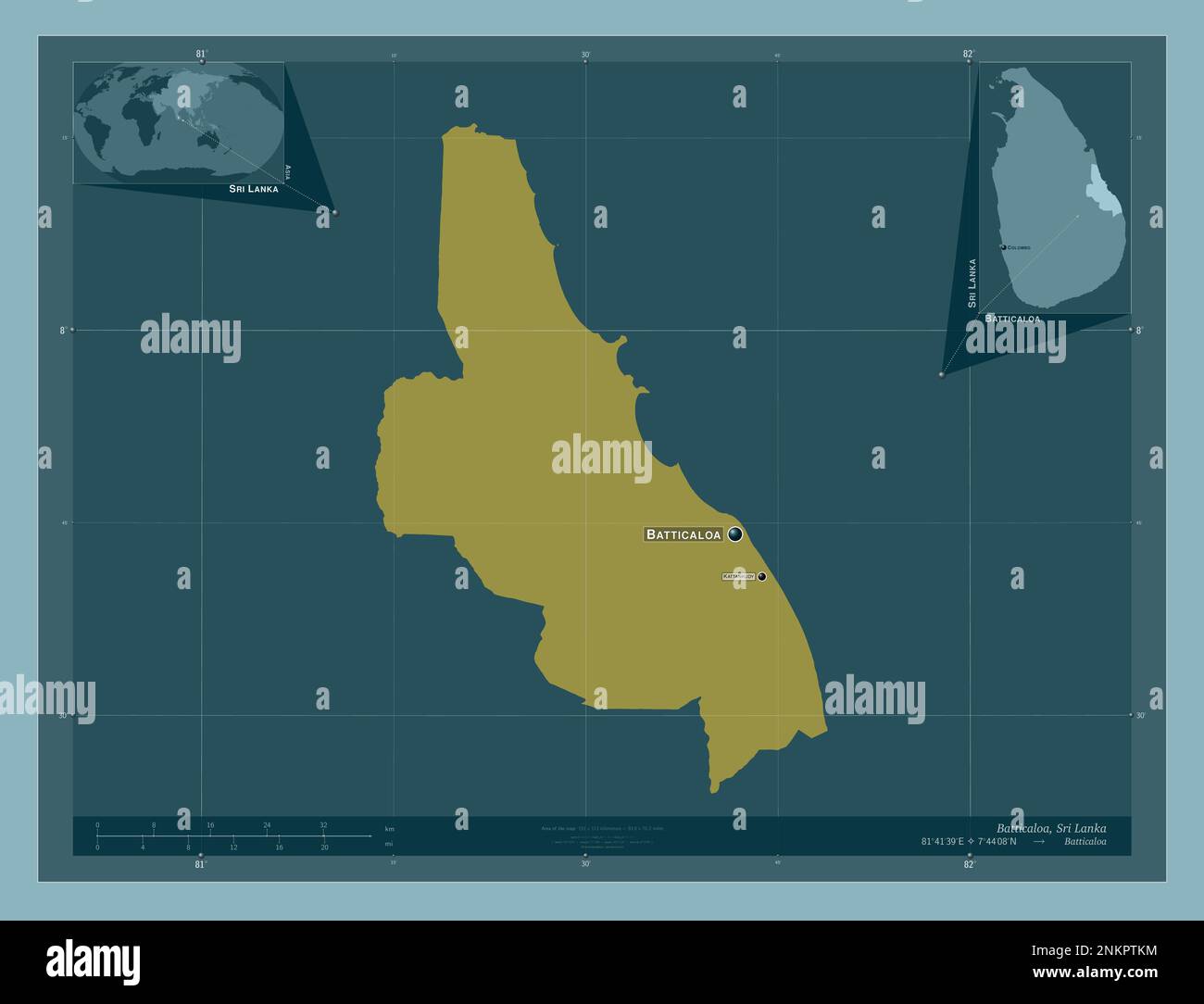 Batticaloa, district of Sri Lanka. Solid color shape. Locations and ...