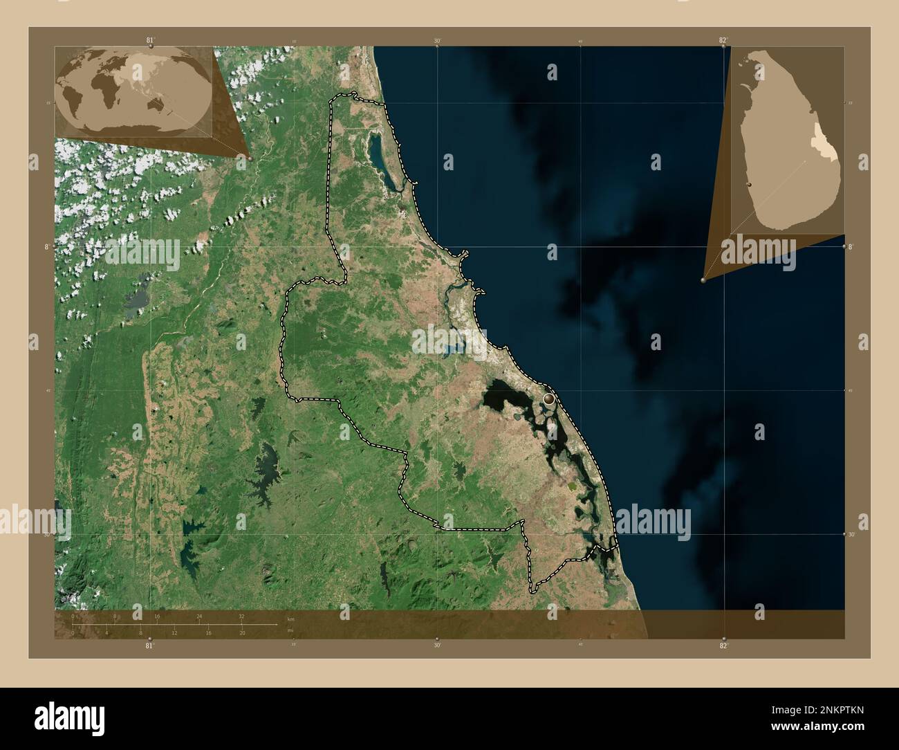Batticaloa, district of Sri Lanka. Low resolution satellite map. Corner ...