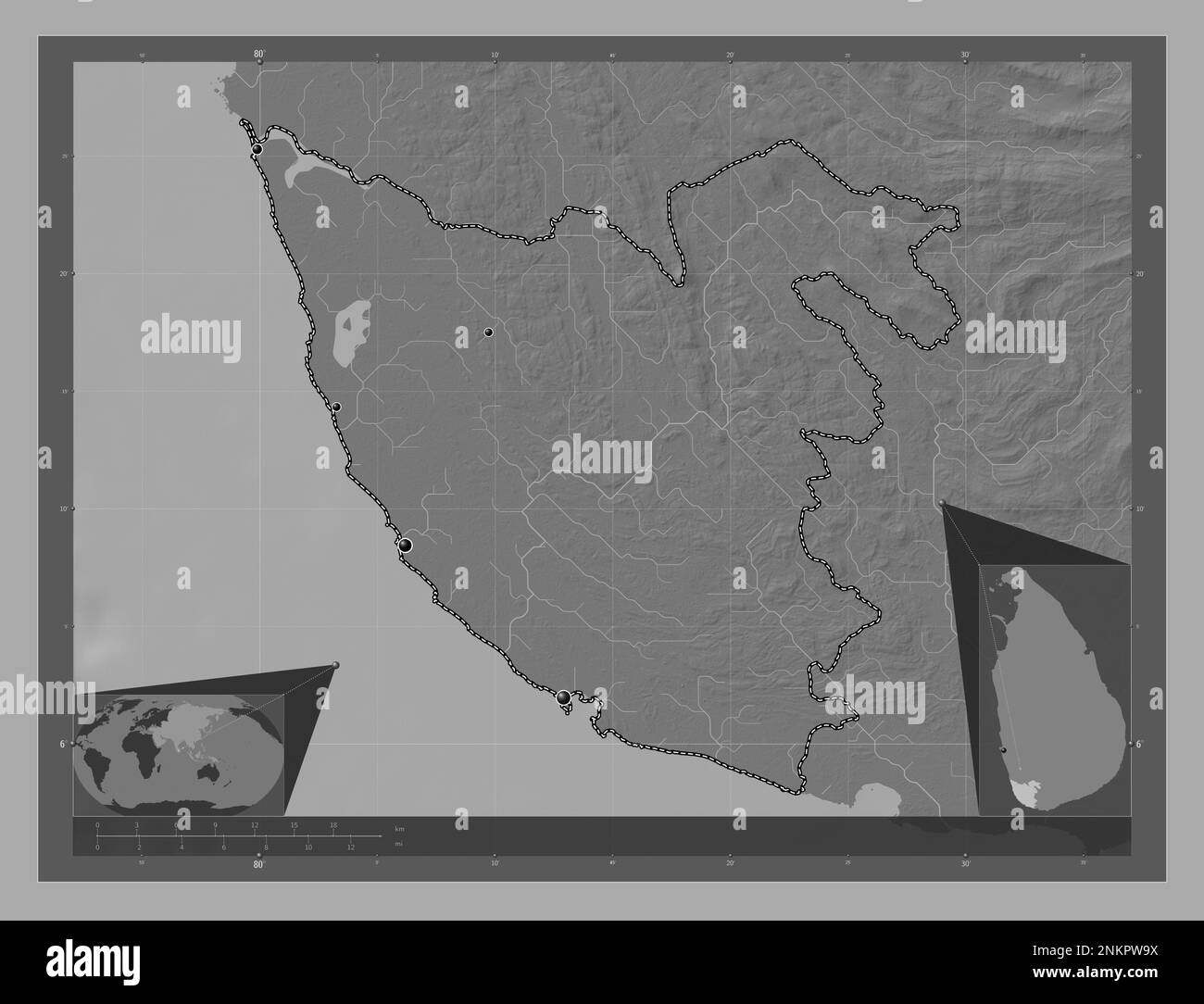 Galle, district of Sri Lanka. Bilevel elevation map with lakes and ...