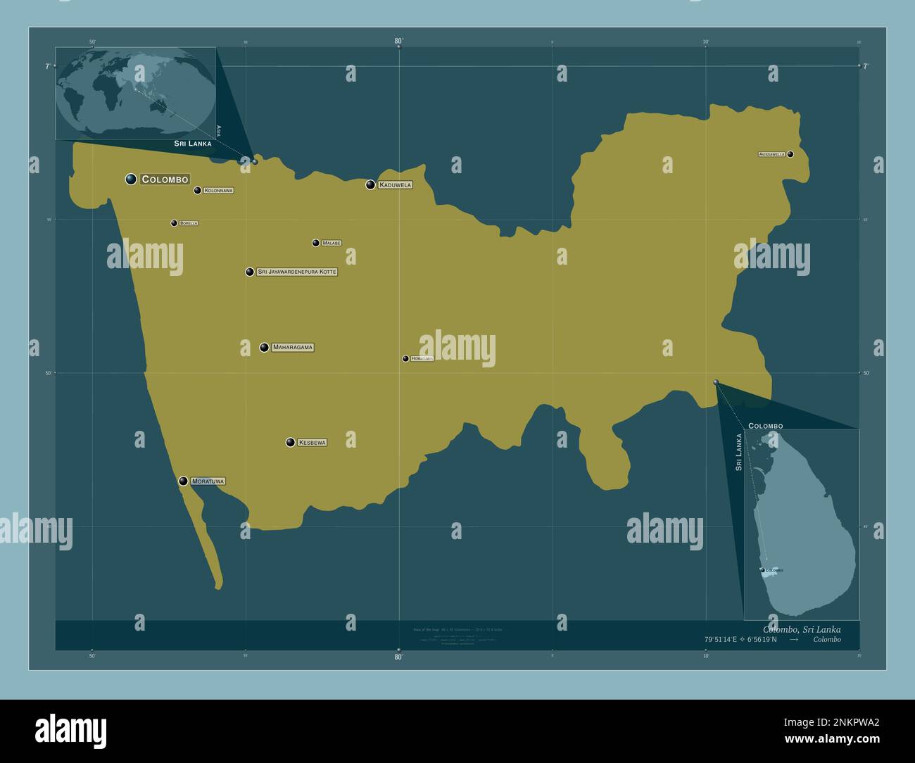 Colombo, district of Sri Lanka. Solid color shape. Locations and names ...