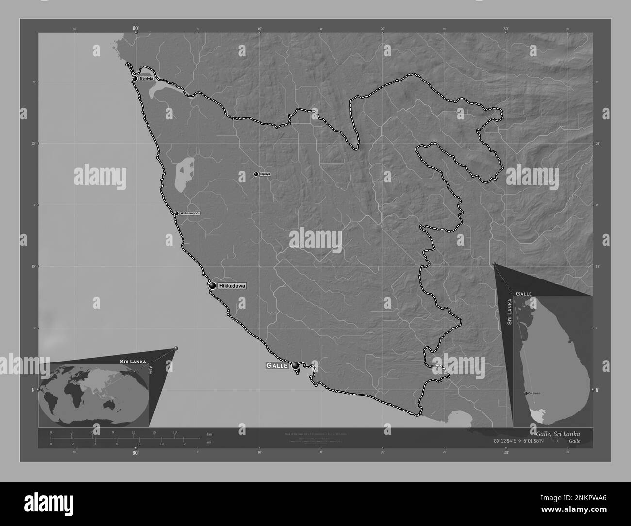 Galle, district of Sri Lanka. Bilevel elevation map with lakes and ...