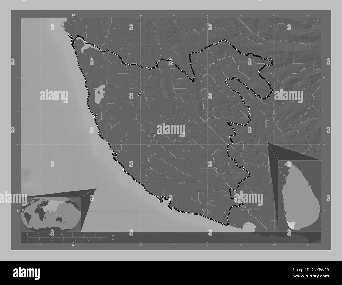 Galle, district of Sri Lanka. Grayscale elevation map with lakes and ...