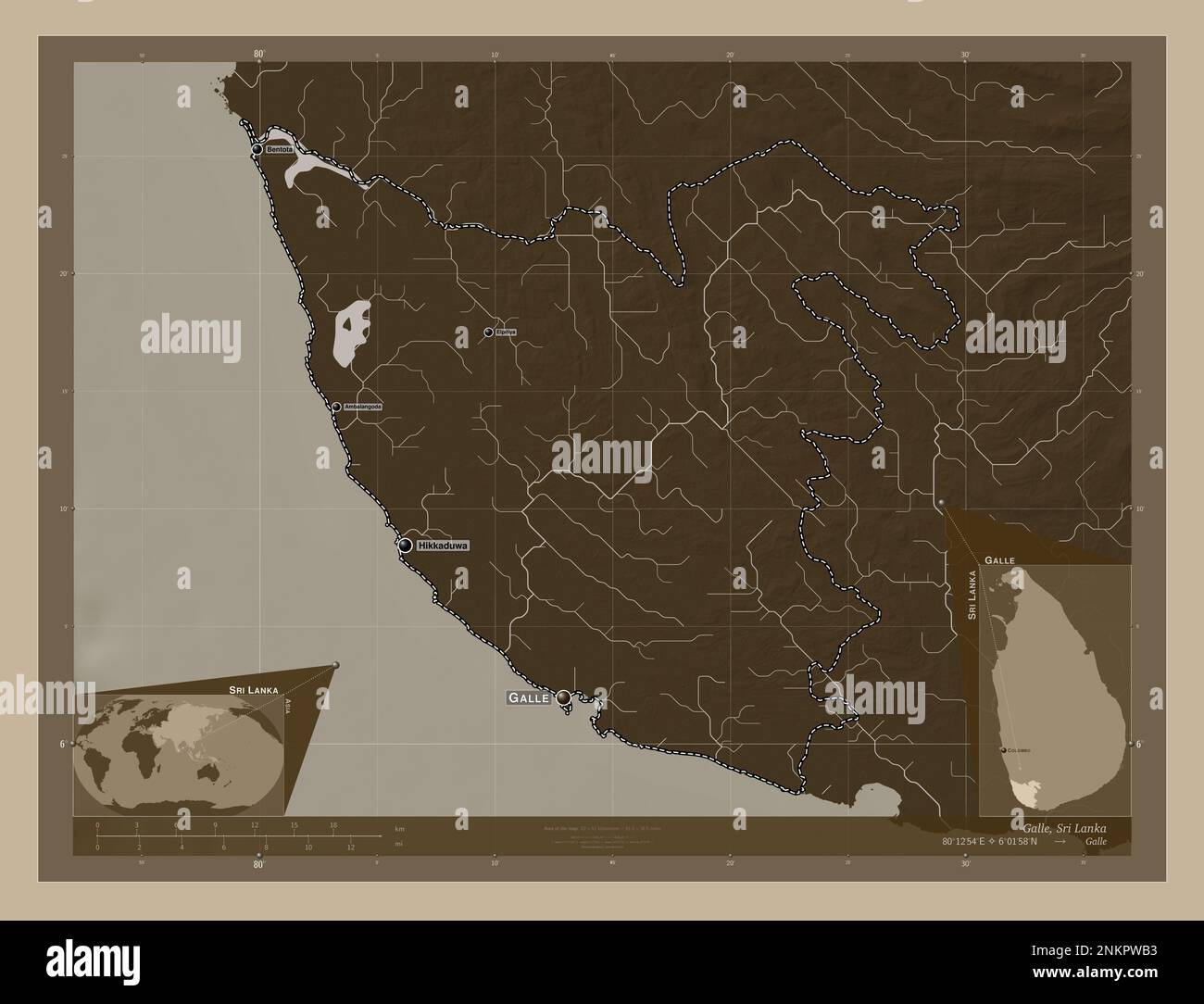 Galle, district of Sri Lanka. Elevation map colored in sepia tones with ...