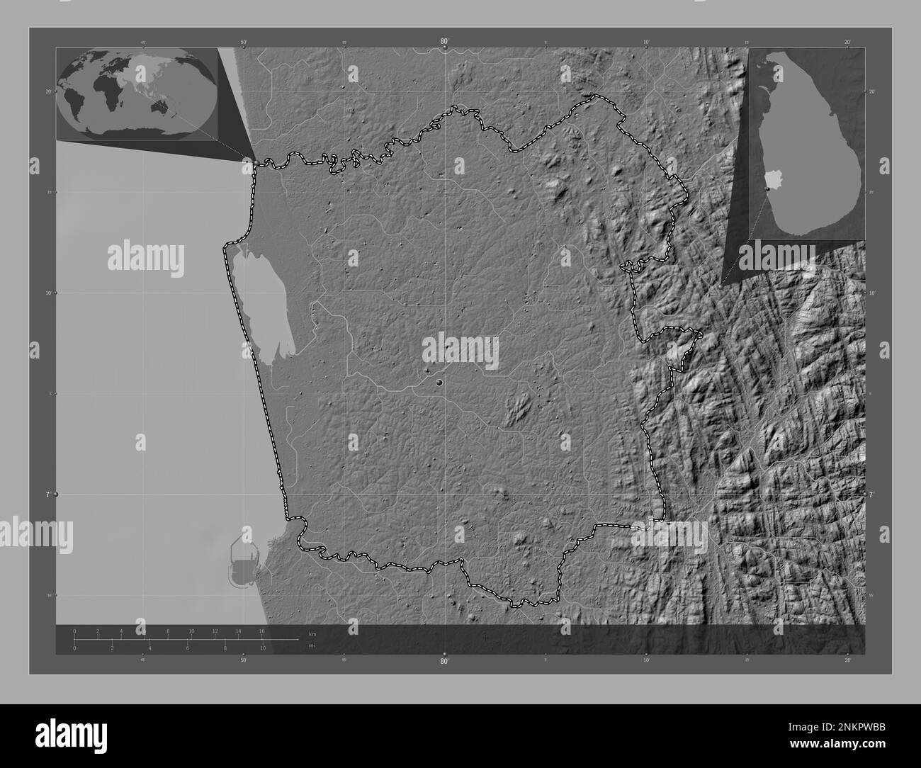 Gampaha, district of Sri Lanka. Bilevel elevation map with lakes and ...