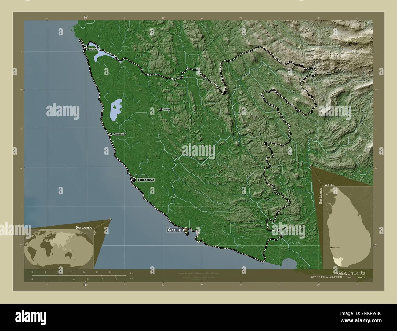 Galle, district of Sri Lanka. Elevation map colored in wiki style with ...