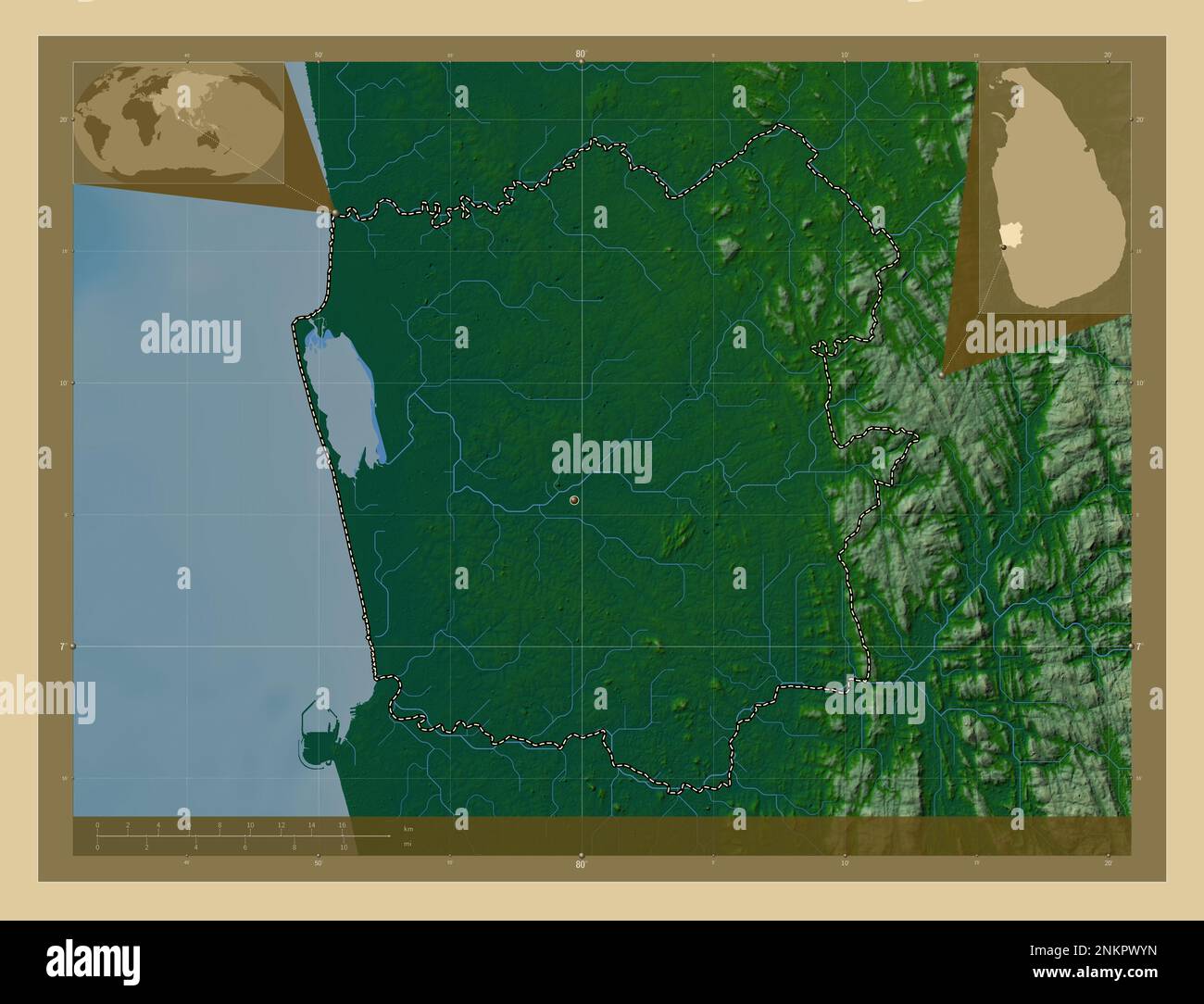 Gampaha, district of Sri Lanka. Colored elevation map with lakes and ...