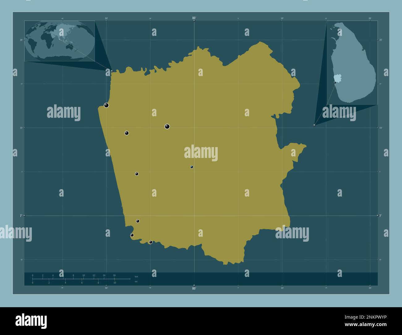 Gampaha, district of Sri Lanka. Solid color shape. Locations of major ...