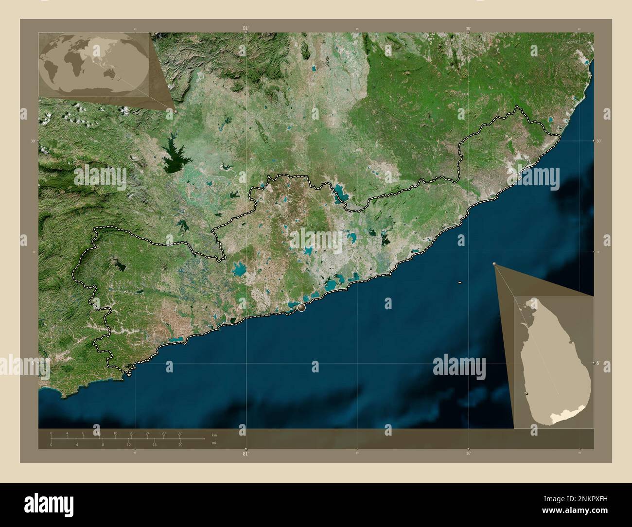 Hambantota, district of Sri Lanka. High resolution satellite map ...