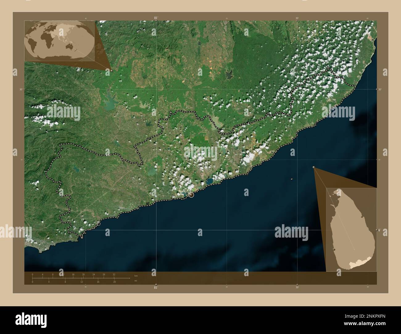 Hambantota, district of Sri Lanka. Low resolution satellite map ...