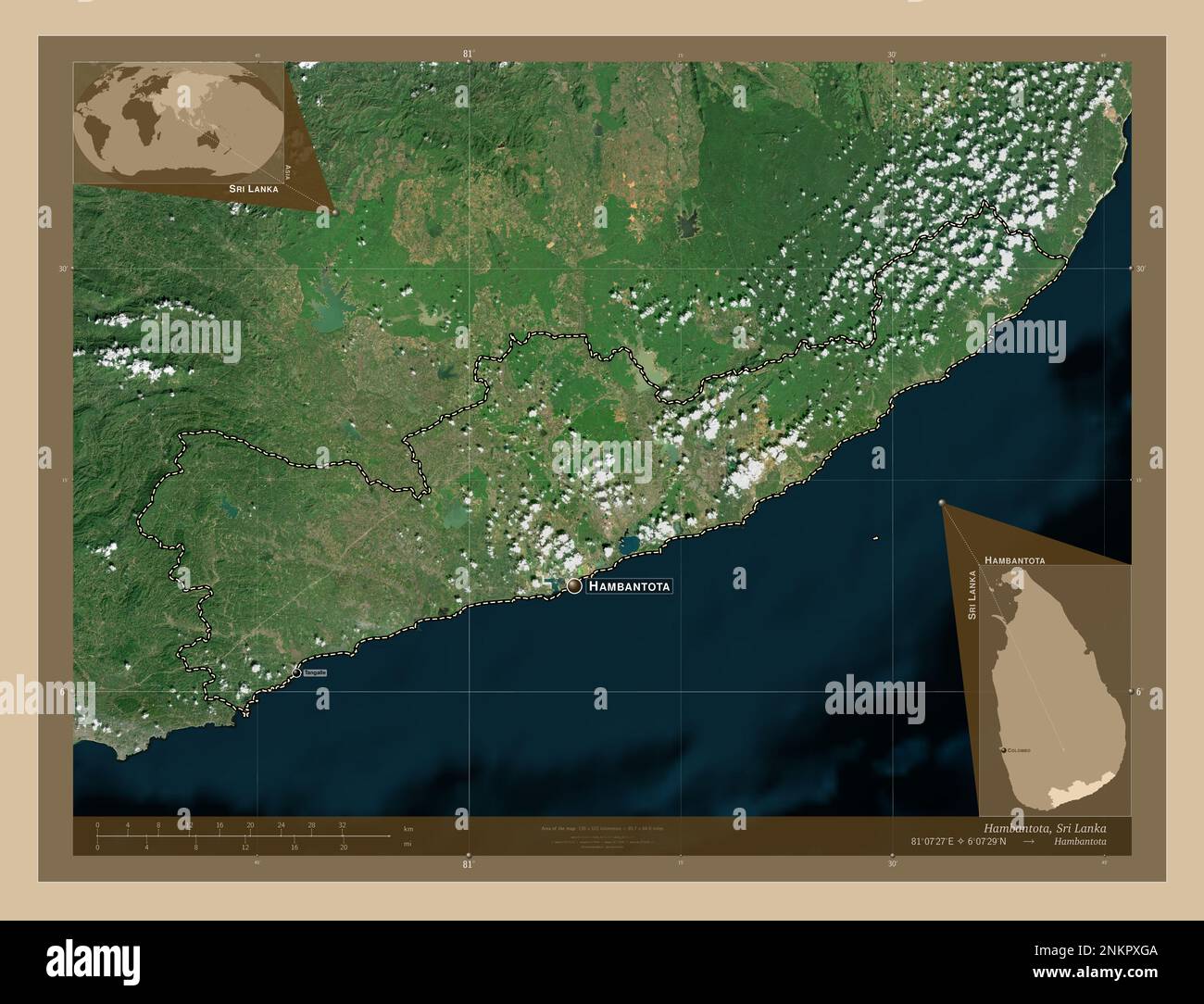 Hambantota, district of Sri Lanka. Low resolution satellite map ...