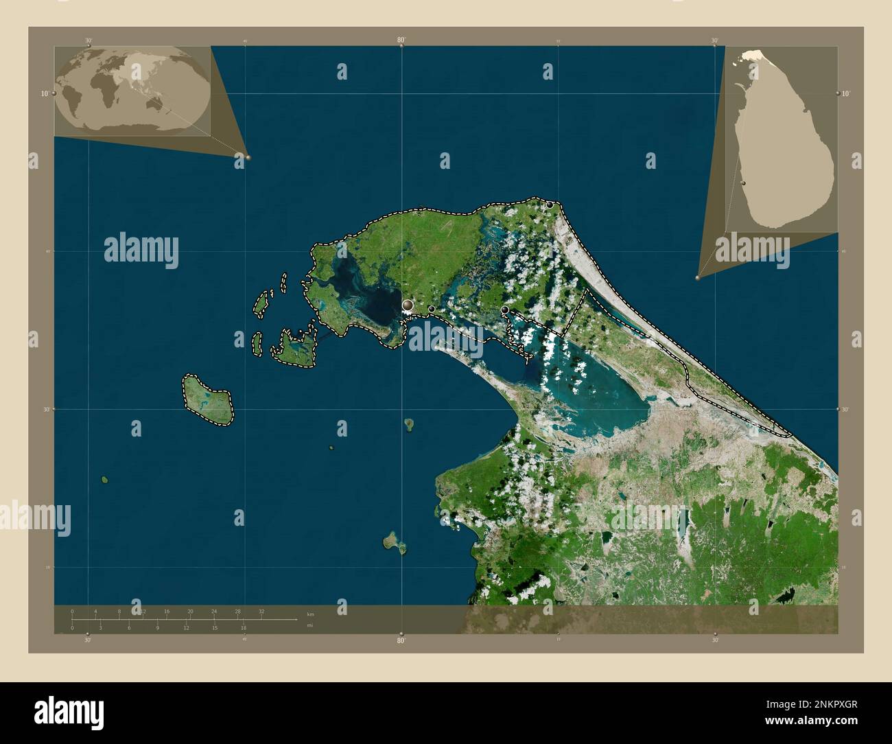 Jaffna, district of Sri Lanka. High resolution satellite map. Locations ...