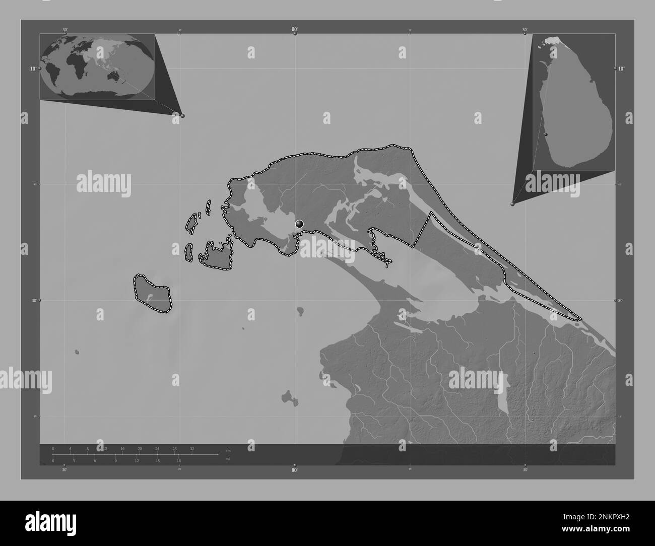 Jaffna, district of Sri Lanka. Bilevel elevation map with lakes and ...