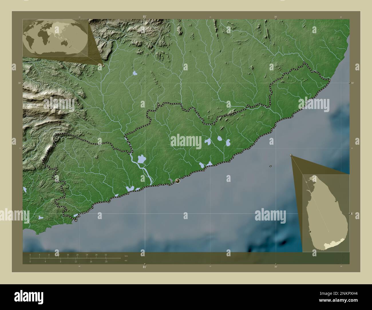 Hambantota, district of Sri Lanka. Elevation map colored in wiki style ...