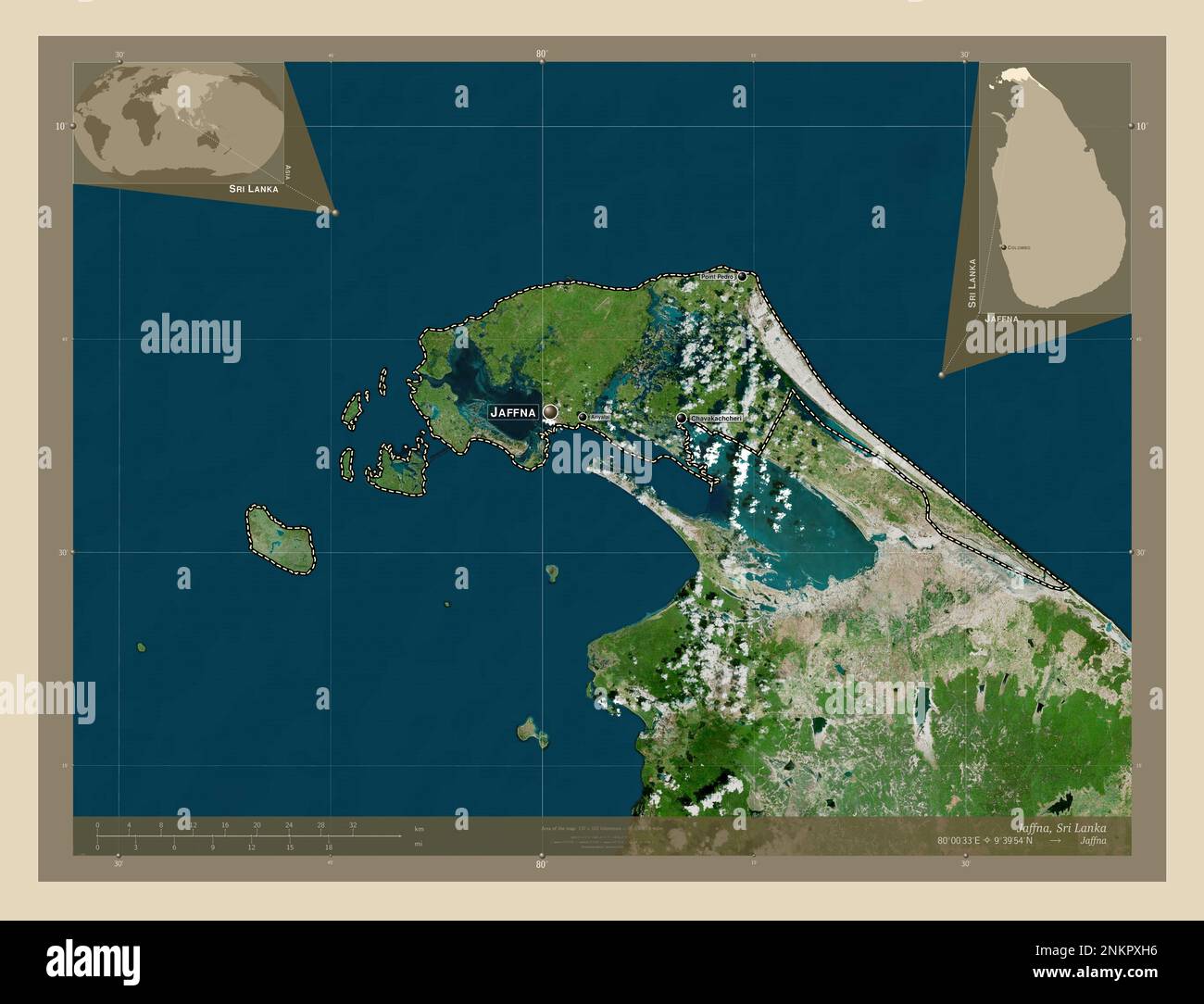 Jaffna, district of Sri Lanka. High resolution satellite map. Locations ...