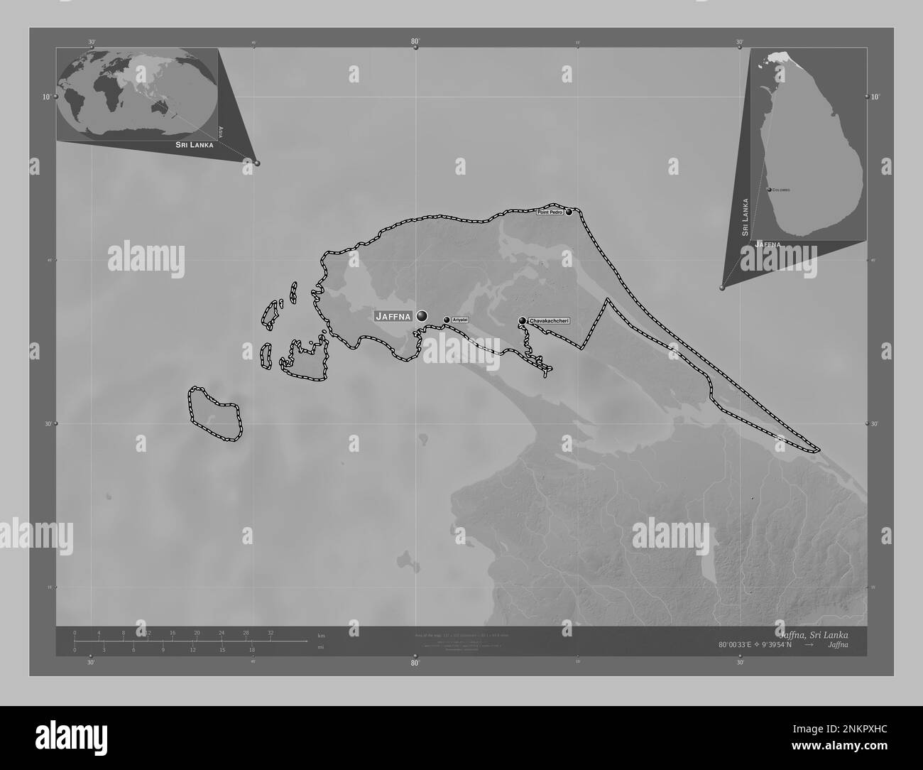 Jaffna, district of Sri Lanka. Grayscale elevation map with lakes and ...