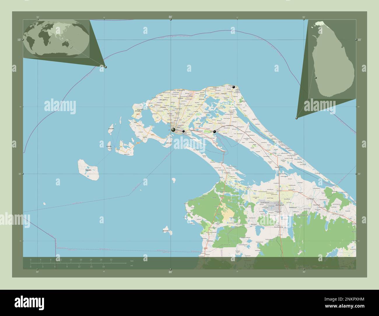 Jaffna, district of Sri Lanka. Open Street Map. Locations of major ...