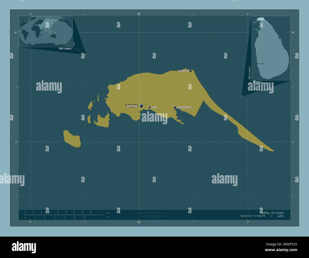 Jaffna, district of Sri Lanka. Solid color shape. Locations and names ...