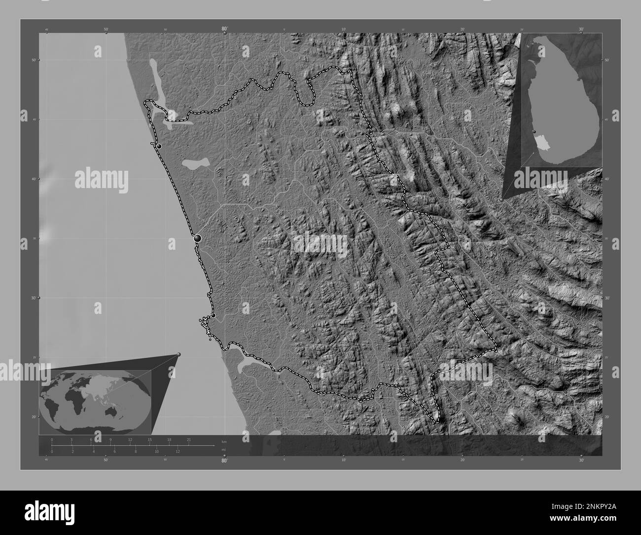 Kalutara, district of Sri Lanka. Bilevel elevation map with lakes and ...