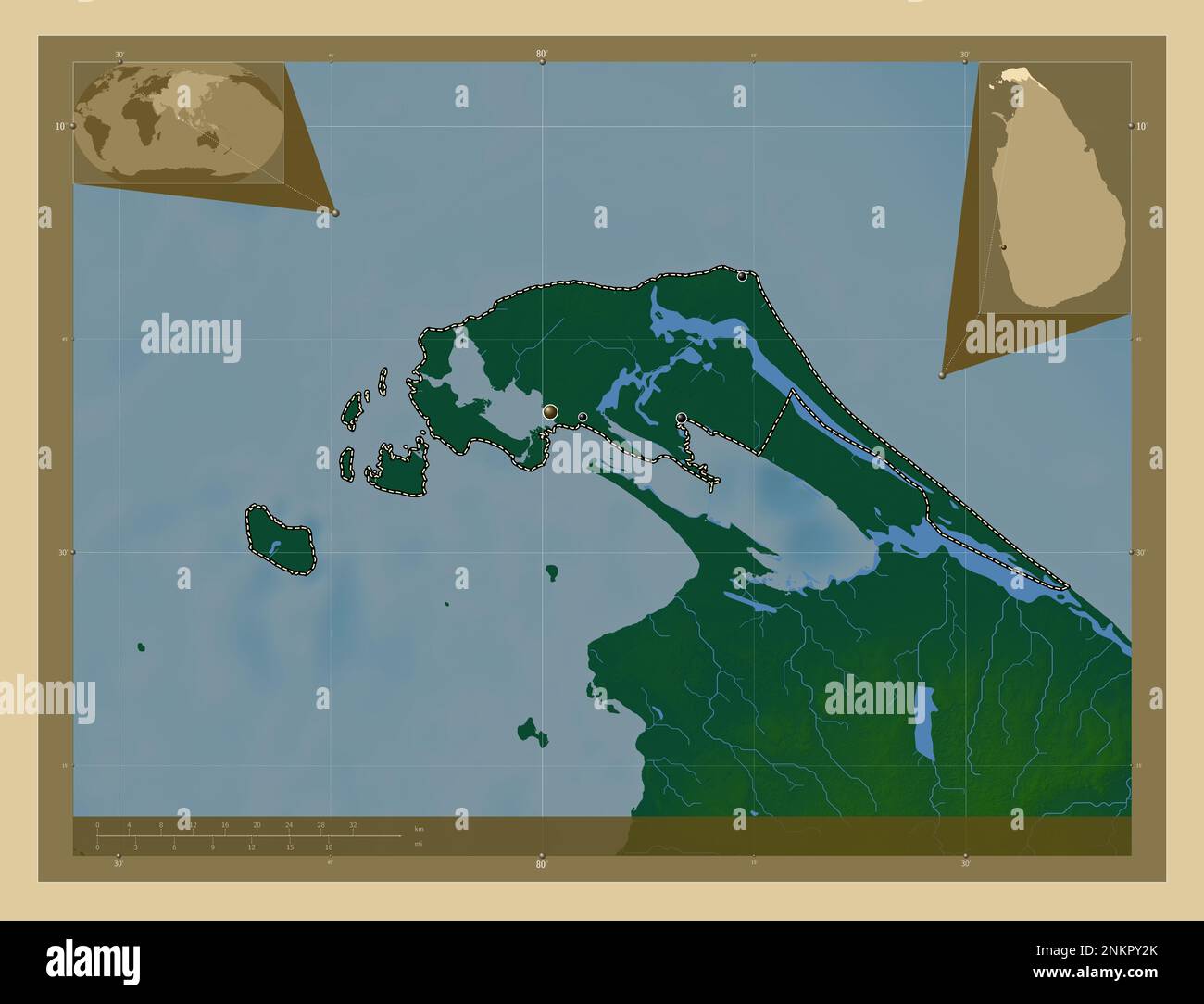 Jaffna, district of Sri Lanka. Colored elevation map with lakes and ...