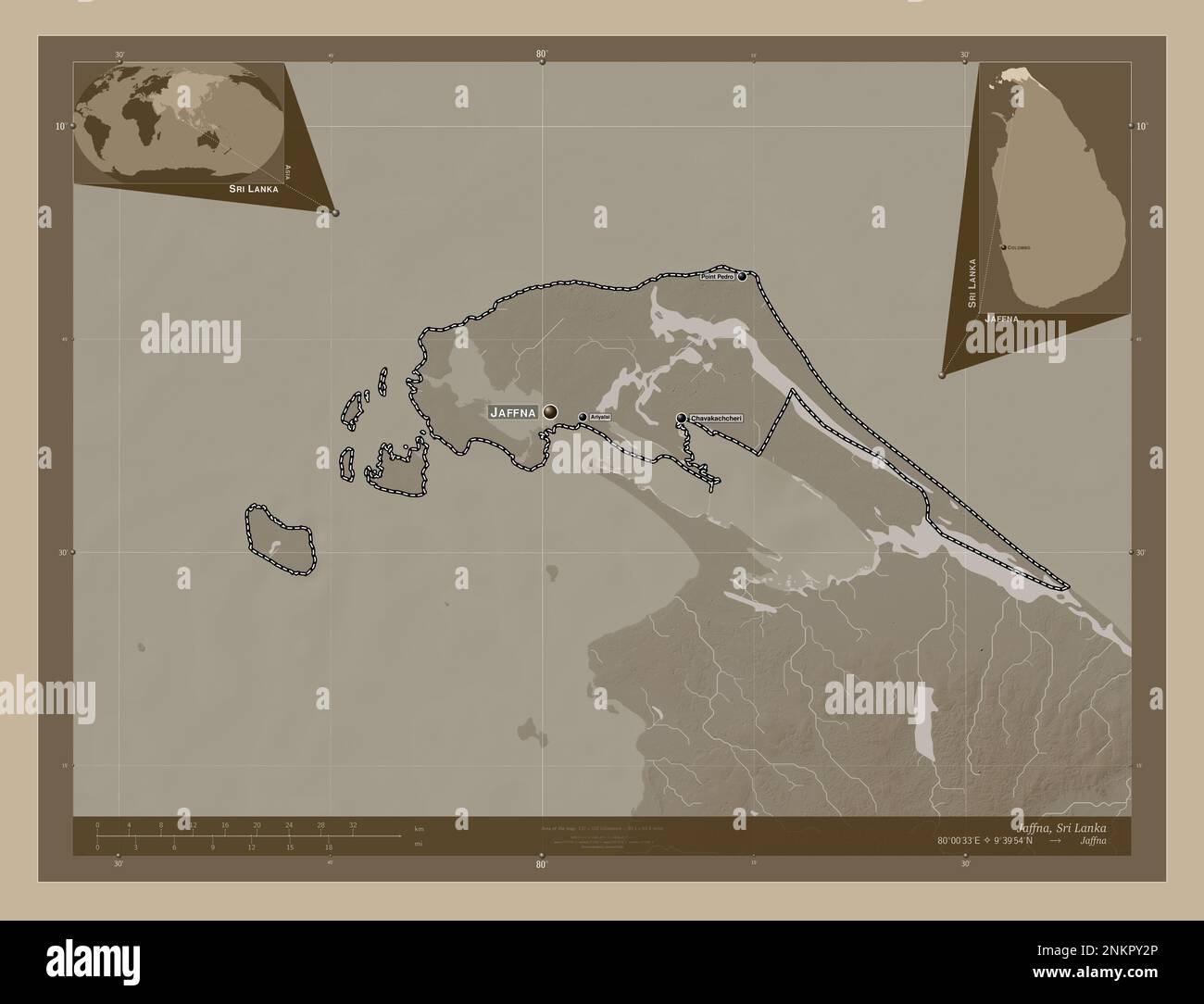 Jaffna, district of Sri Lanka. Elevation map colored in sepia tones ...