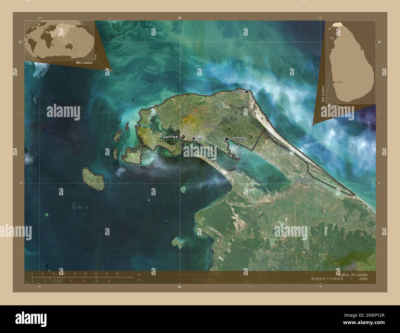 Jaffna, district of Sri Lanka. Low resolution satellite map. Locations ...