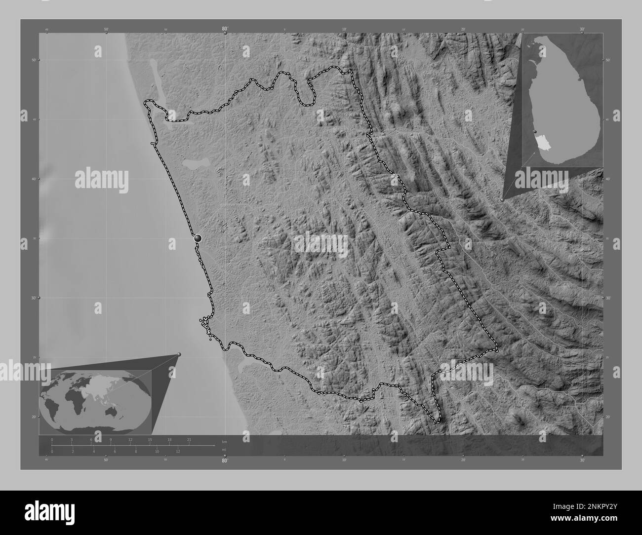 Kalutara, district of Sri Lanka. Grayscale elevation map with lakes and ...