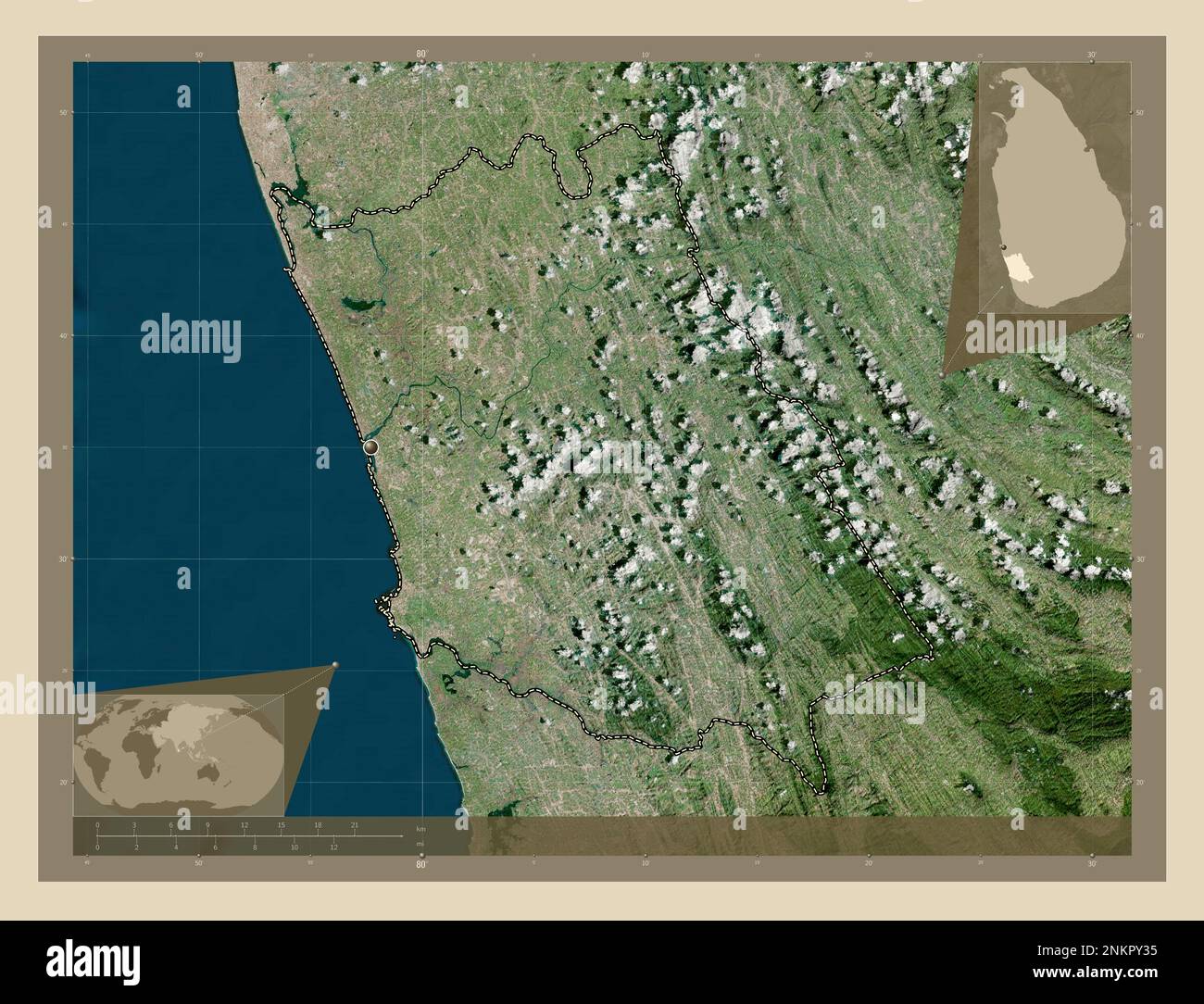 Kalutara, district of Sri Lanka. High resolution satellite map. Corner ...