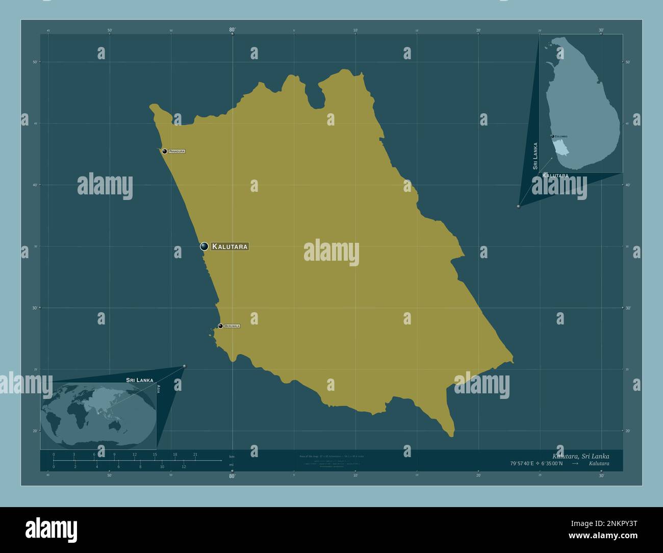 Kalutara, district of Sri Lanka. Solid color shape. Locations and names ...