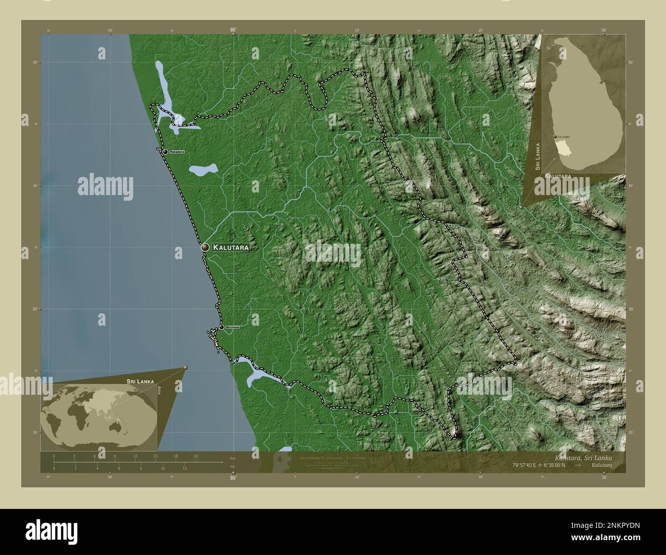 Kalutara, district of Sri Lanka. Elevation map colored in wiki style ...