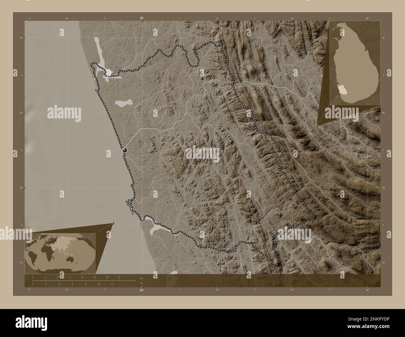 Kalutara, district of Sri Lanka. Elevation map colored in sepia tones ...