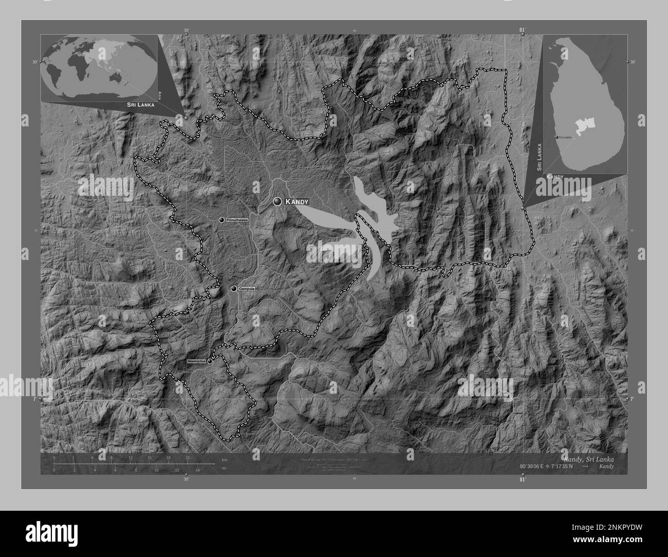 Kandy, district of Sri Lanka. Grayscale elevation map with lakes and ...