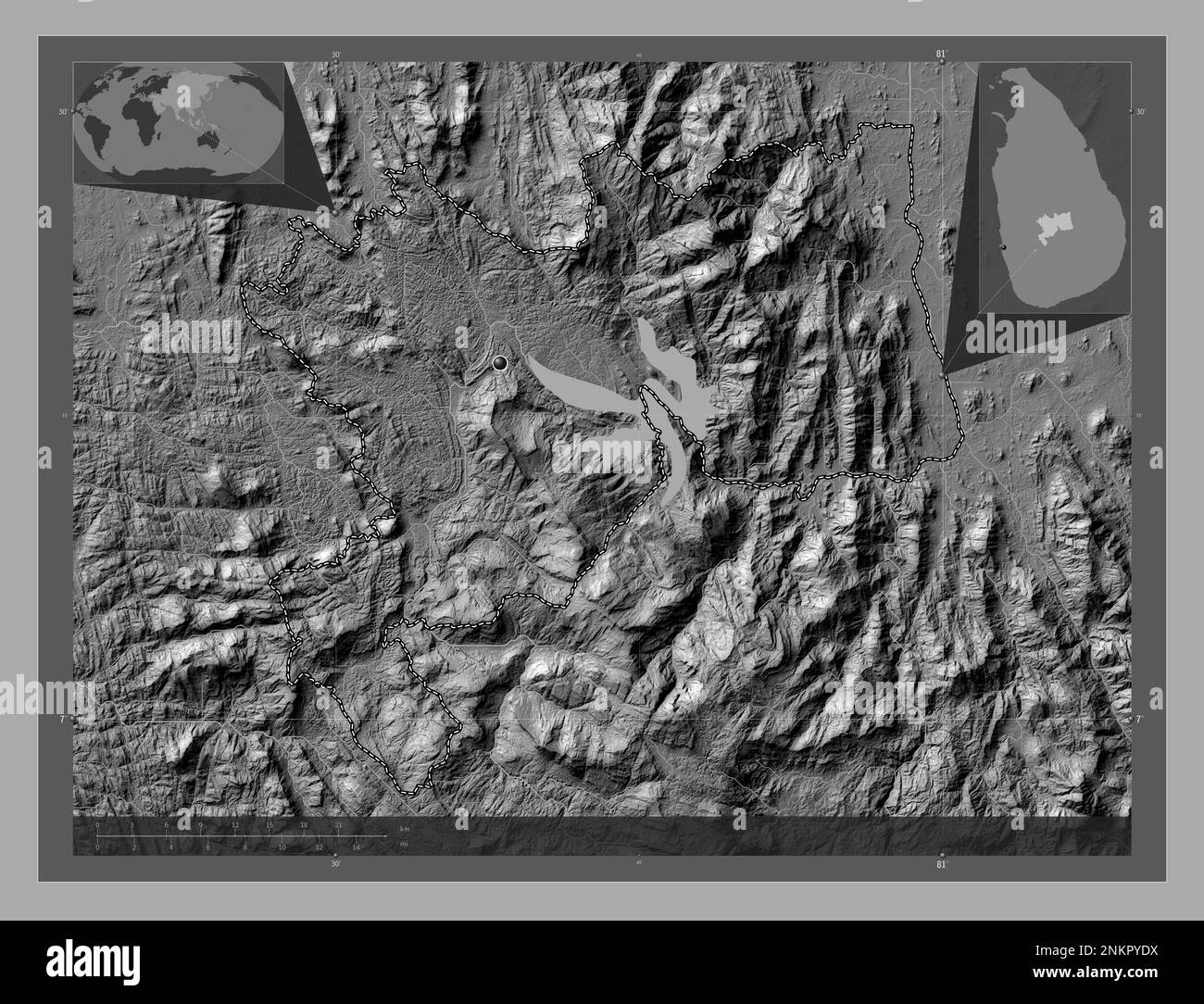 Kandy, district of Sri Lanka. Bilevel elevation map with lakes and ...