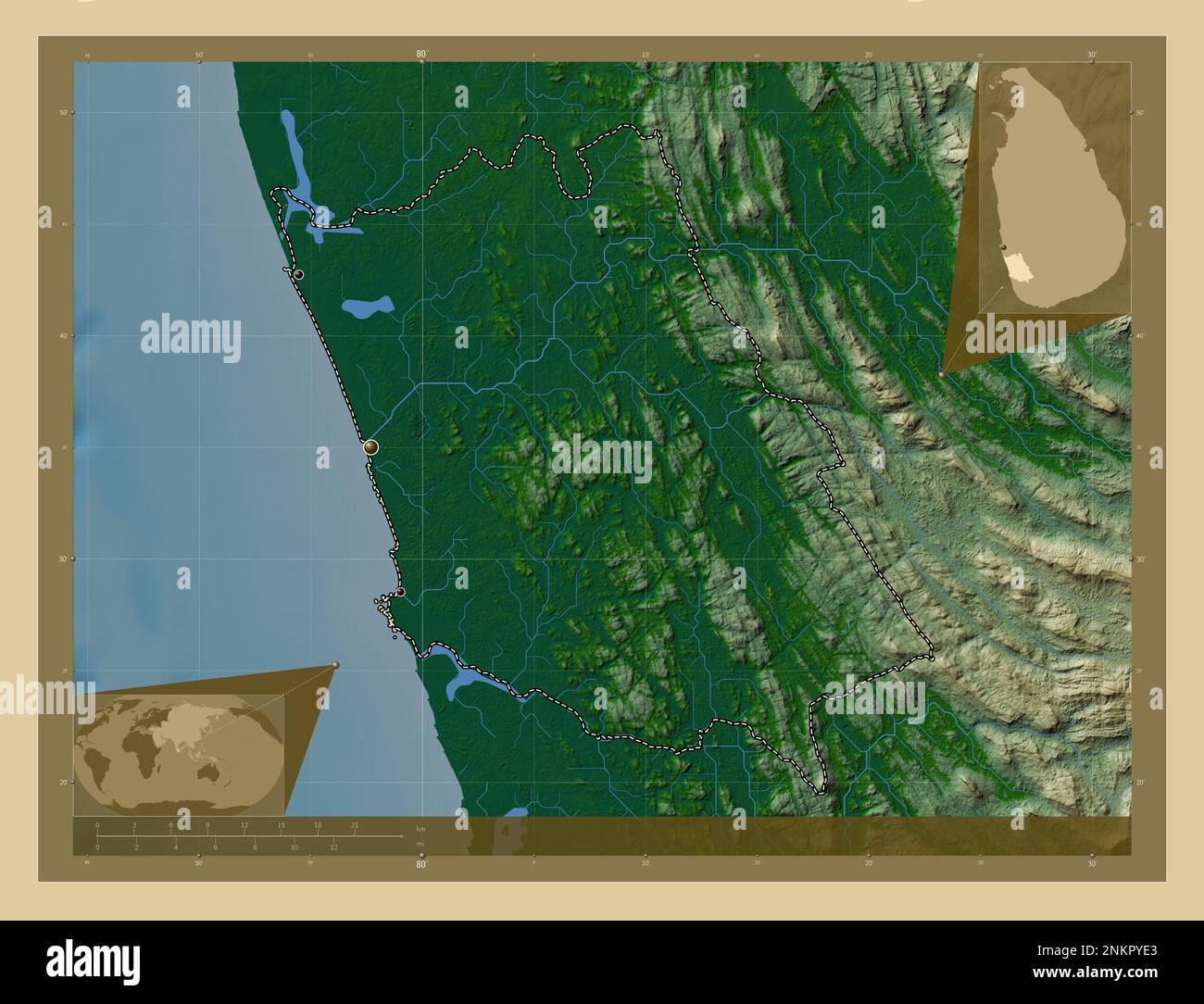 Kalutara, district of Sri Lanka. Colored elevation map with lakes and ...