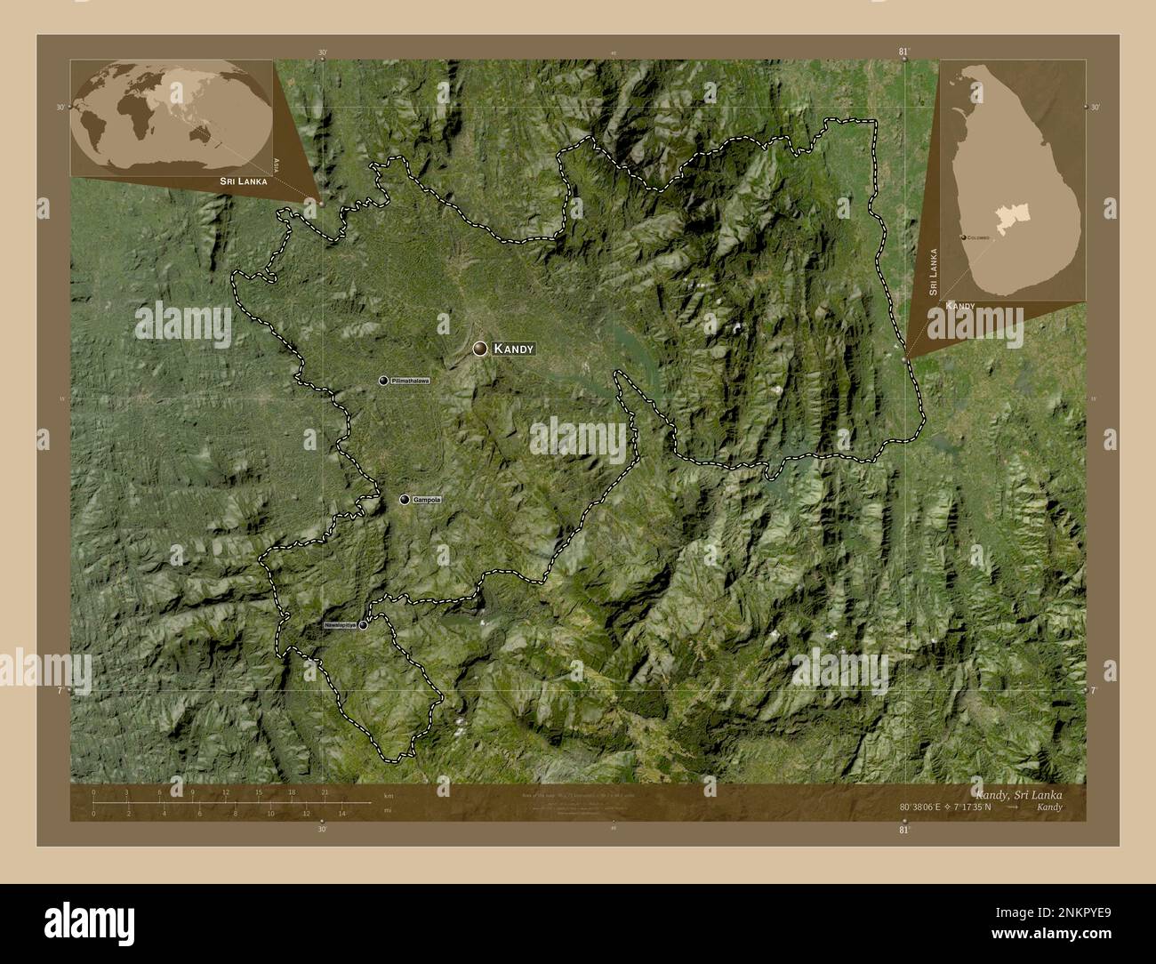 Kandy, district of Sri Lanka. Low resolution satellite map. Locations ...