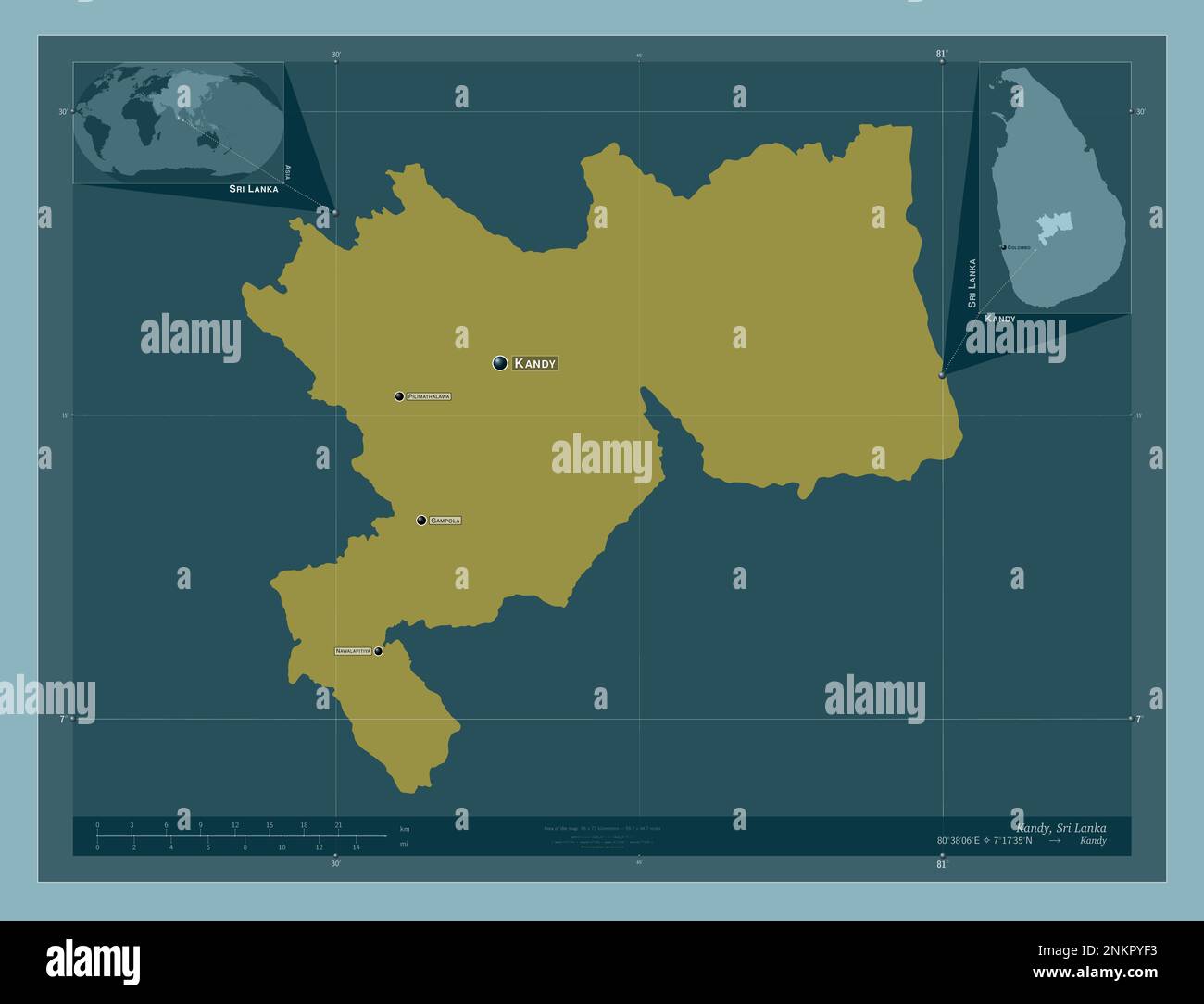 Kandy, district of Sri Lanka. Solid color shape. Locations and names of ...