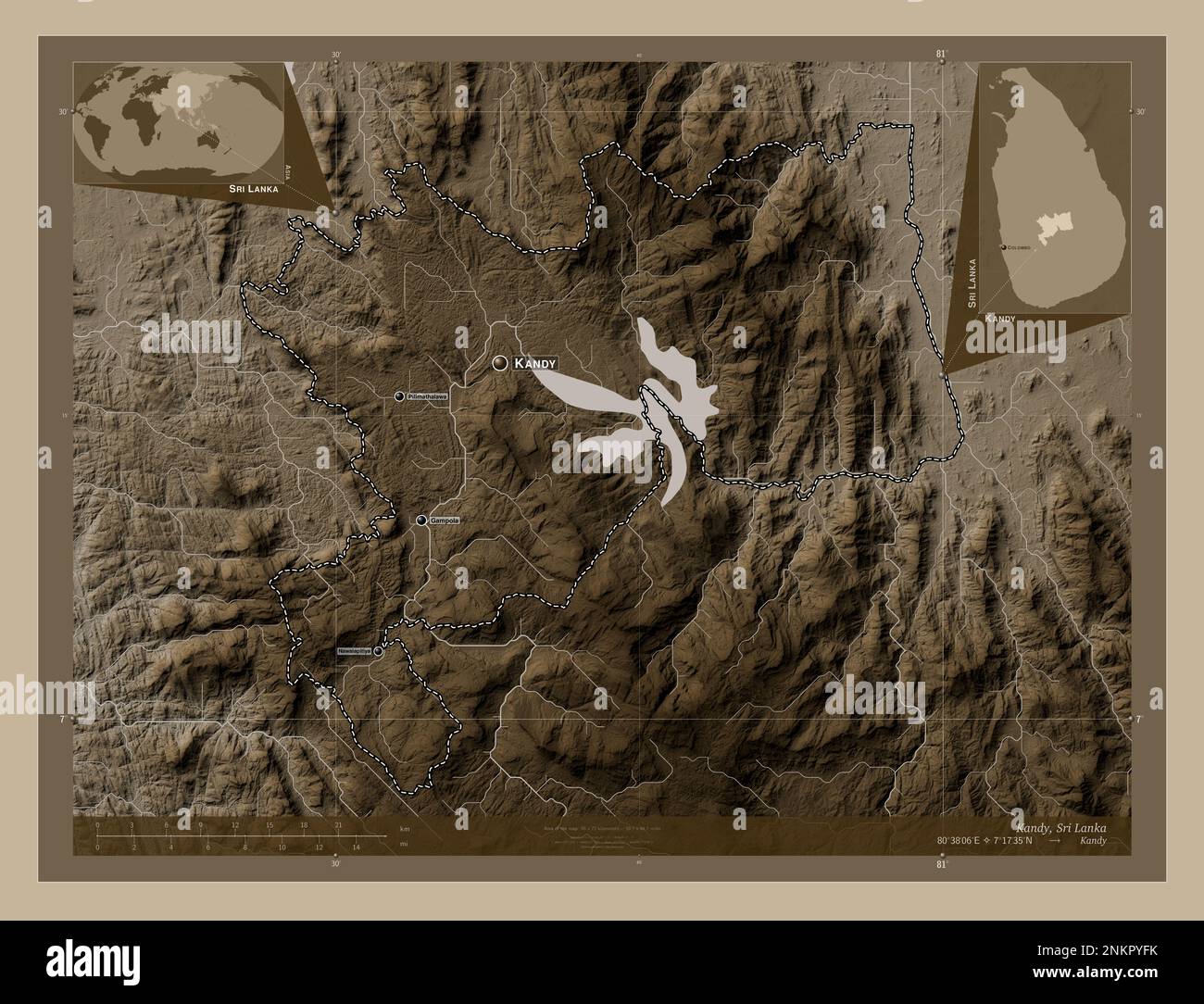 Kandy, district of Sri Lanka. Elevation map colored in sepia tones with ...